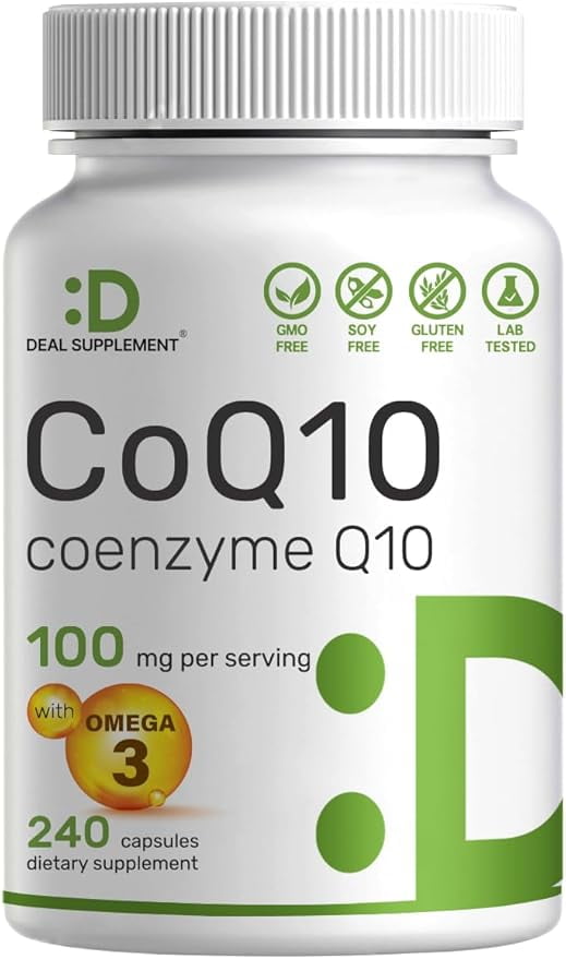 CoQ10 100mg 240 Capsules with Omega 3 Fatty Acid 100mg Bioavailable ...
