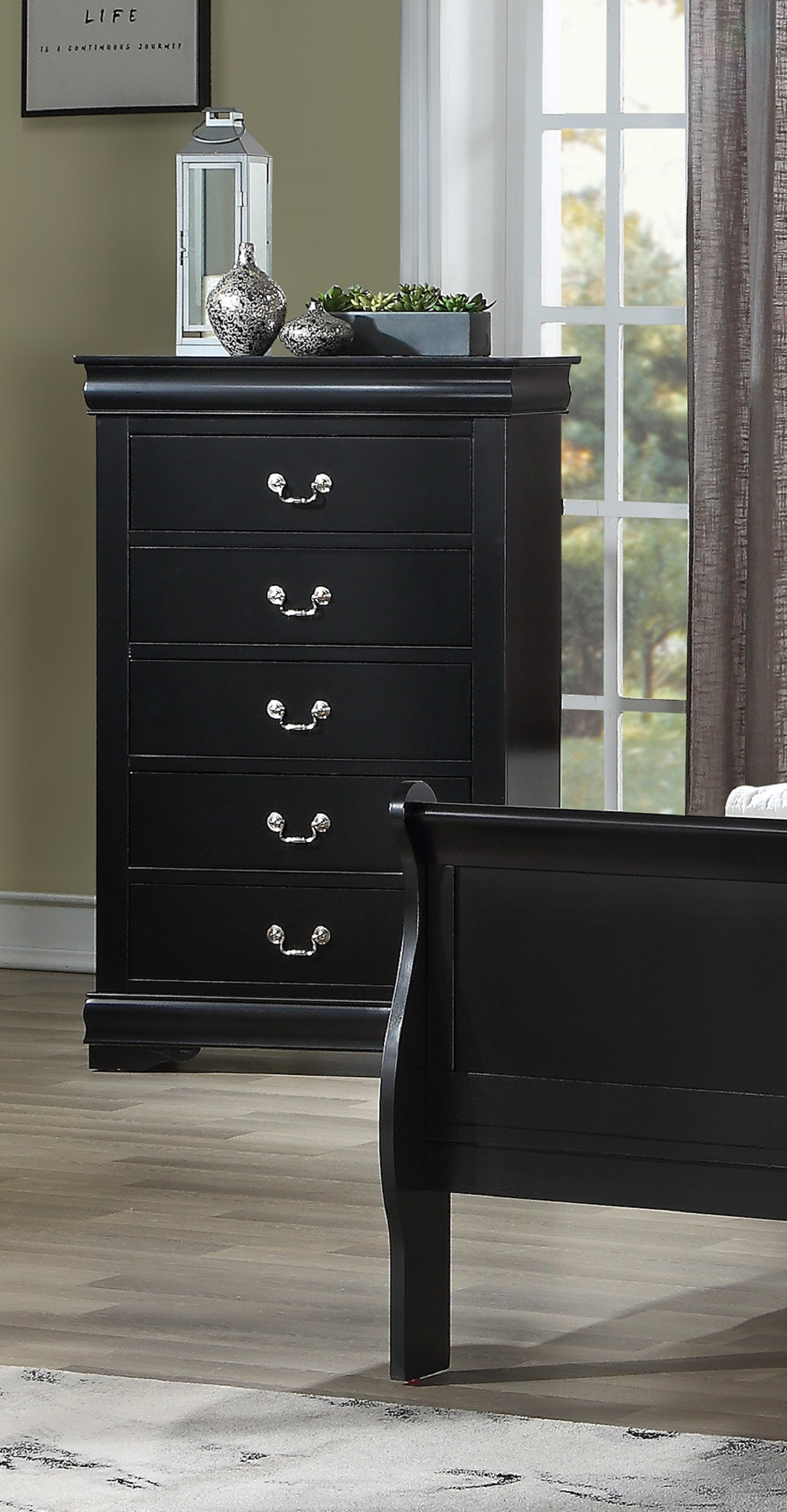 CoSoTower 1pc Black Finish Five Drawers Louis Philip Chest Solid Wood Contemporary Sleek Ample ...