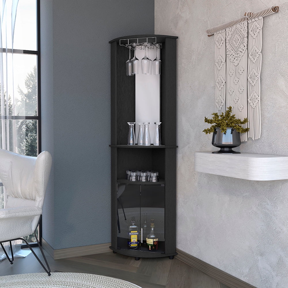 CoSoTower 2-Door 2-Shelf Corner Bar Cabinet with Glass Rack Black ...