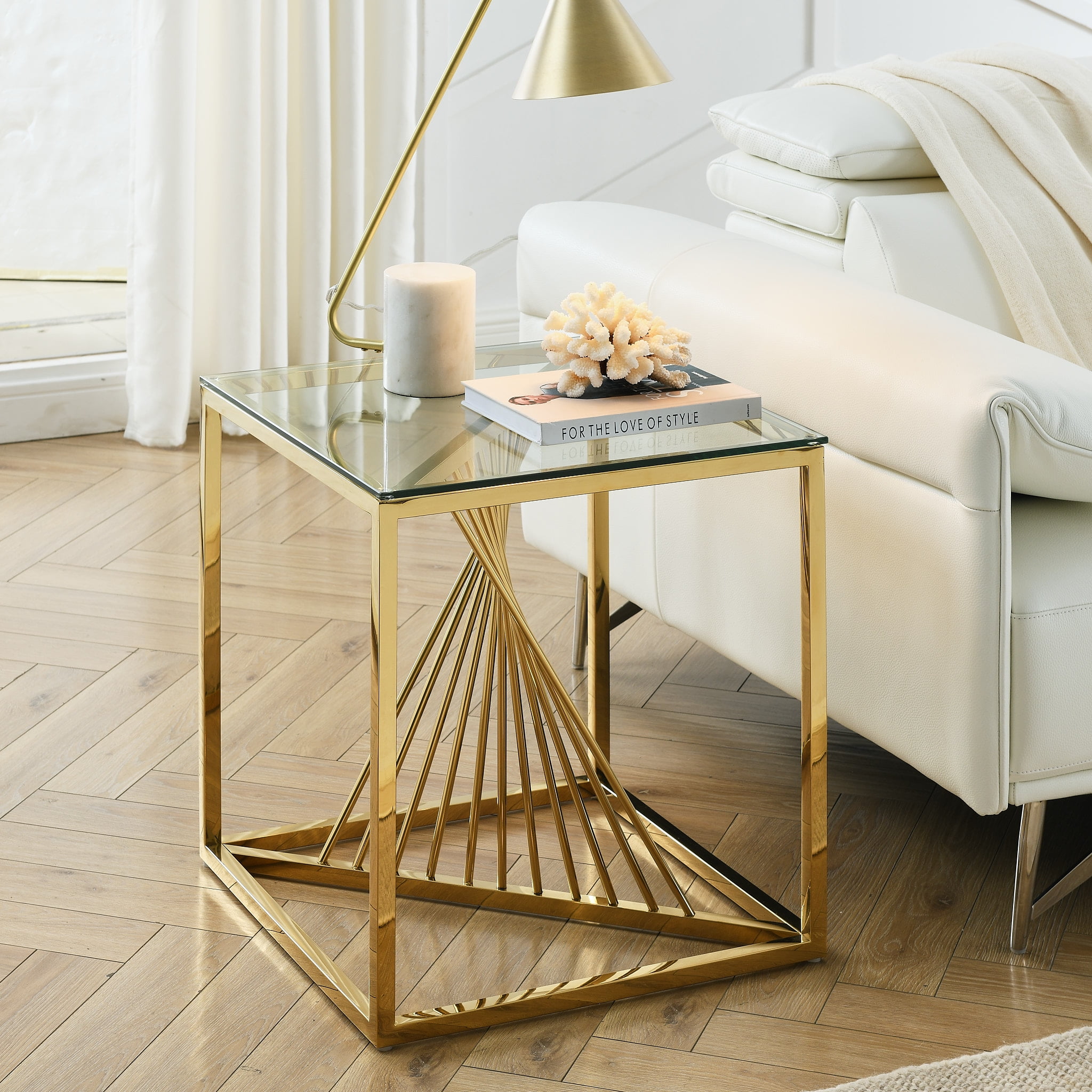 CoSoTower 20 Inch Modern Glass End Table with Geometric Metal Frame ...