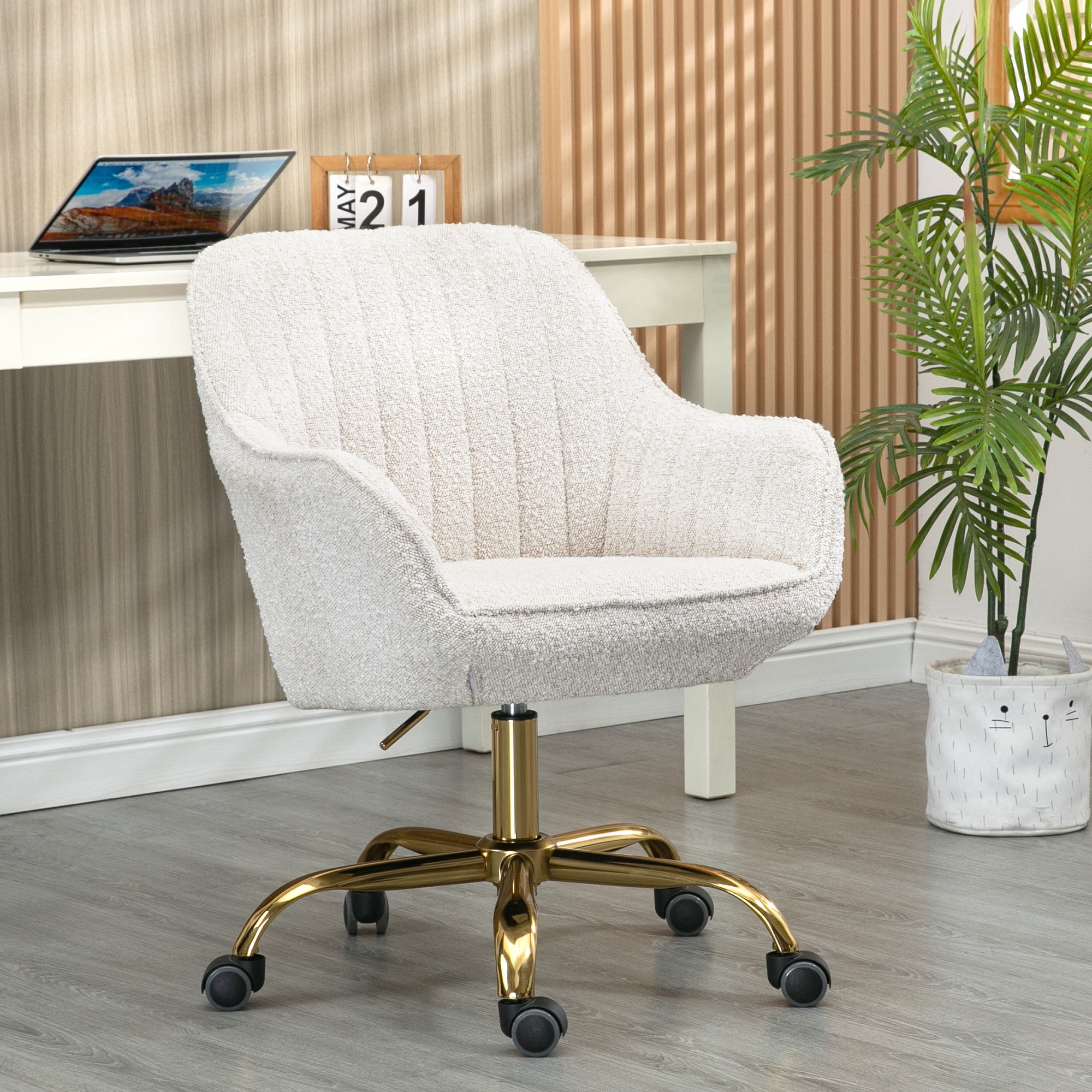 CoSoTower 360° Beige Boucle Fabric Swivel Chair with High Back ...