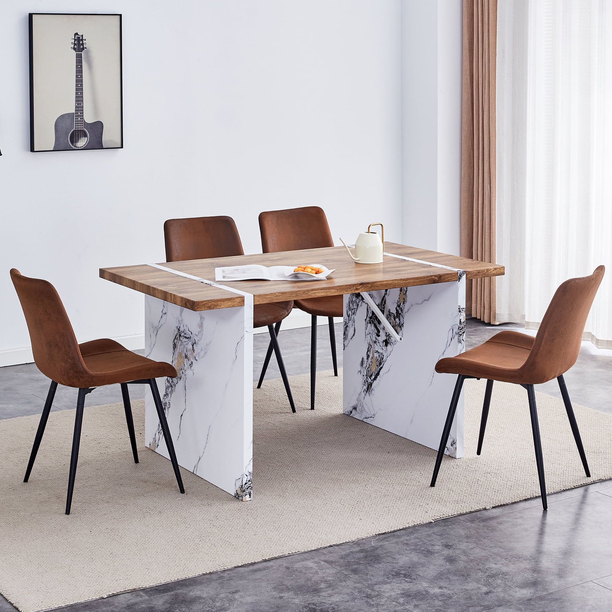 CoSoTower 55" Wood Veneer Dining Set with 4 Wide Chairs - Marble-Style ...