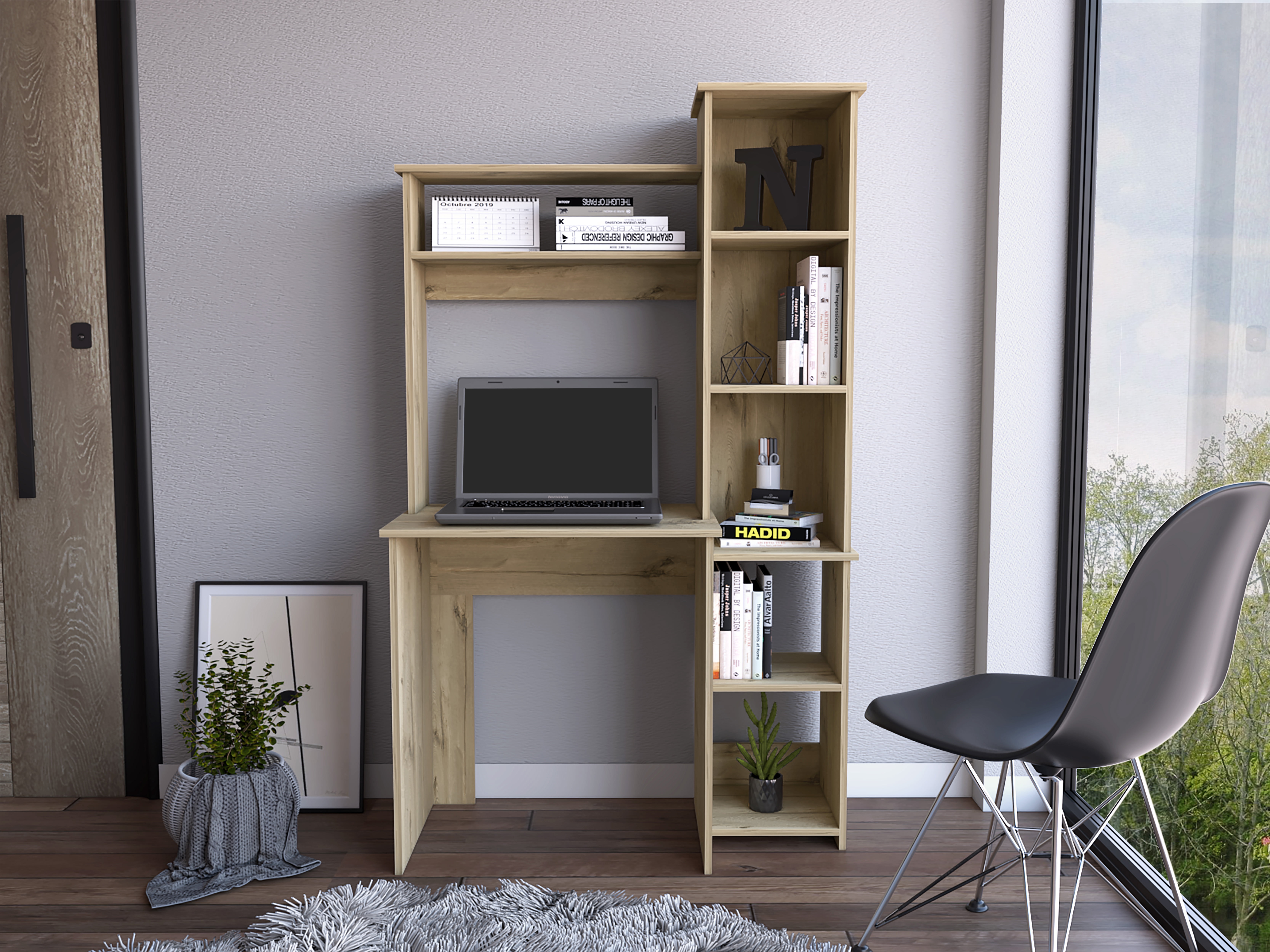 CoSoTower 6-Shelf Writing Desk With Built-In Bookcase Light Oak ...