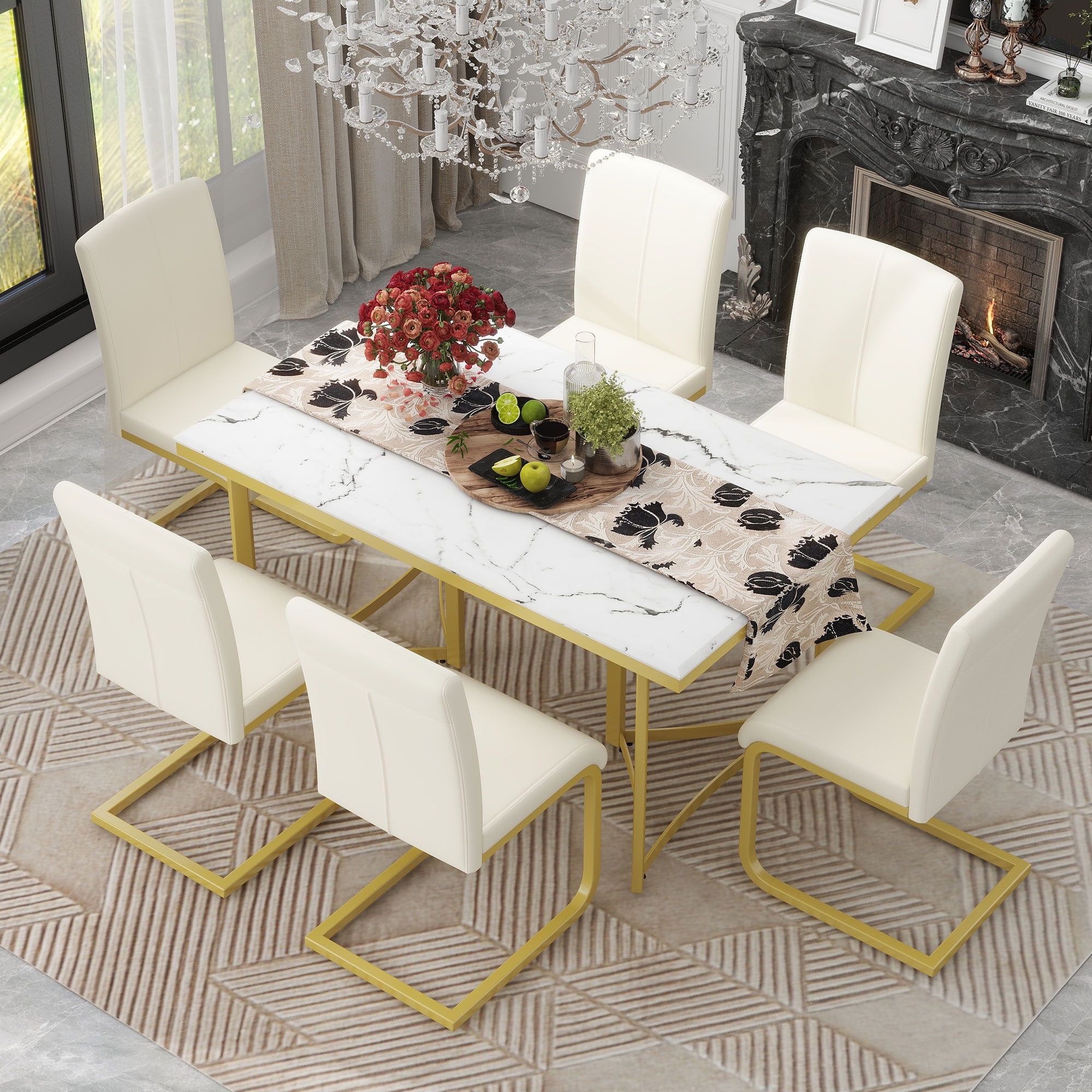 CoSoTower 7-Piece Modern Dining Table Set, Rectangular Marble Sticker Table and 6 PU Leather ...