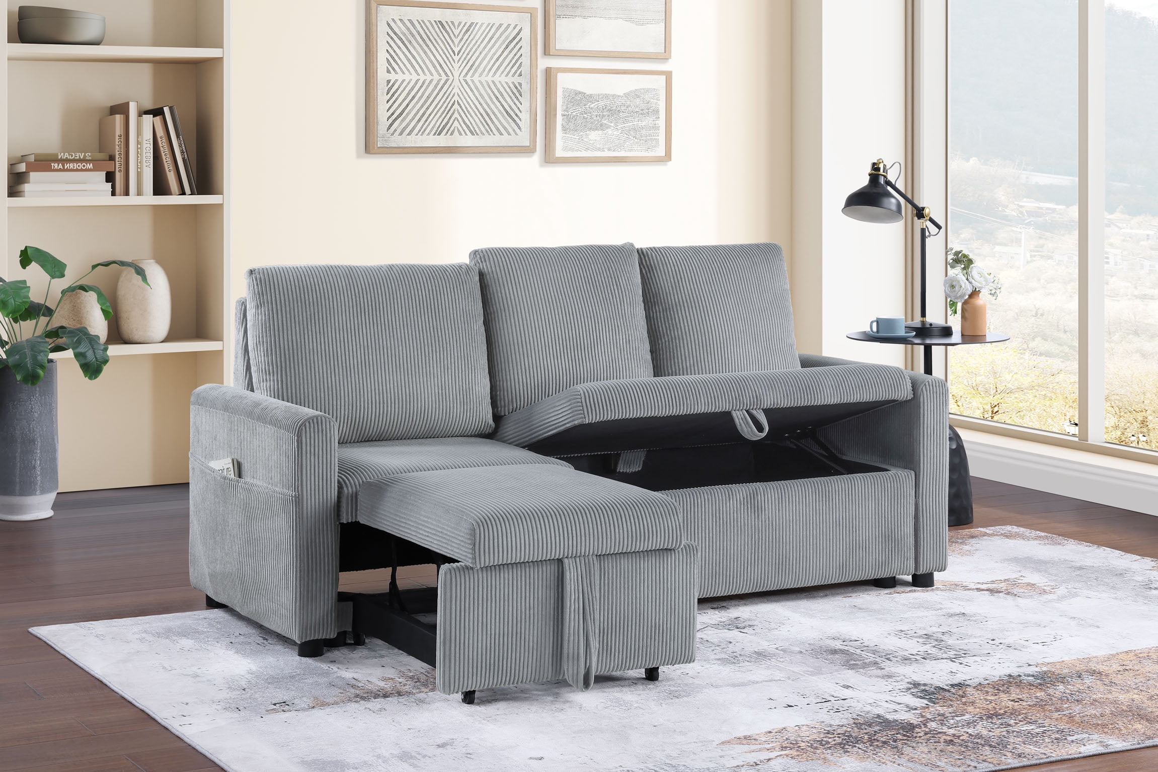 CoSoTower 70"W Gray Corduroy Sofa with Pull-Out Chaise, Underseat ...