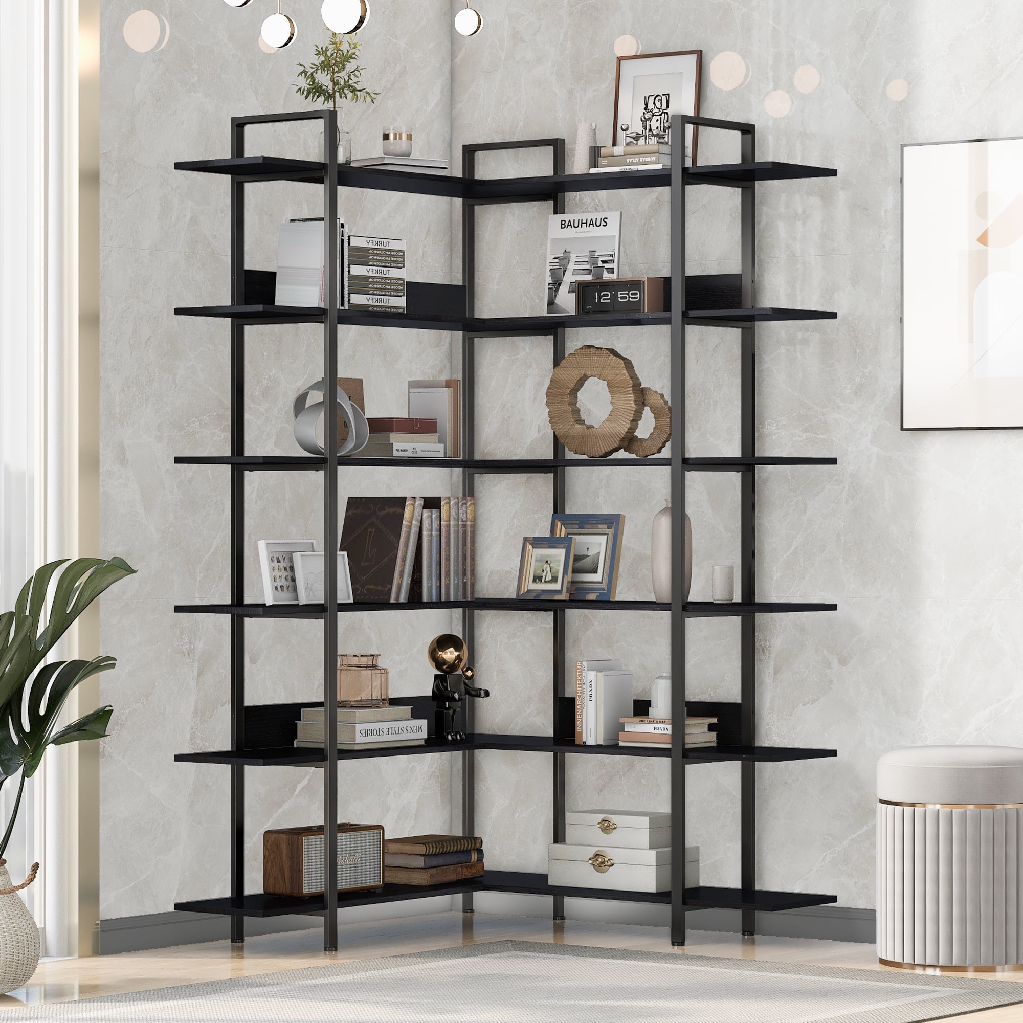 CoSoTower 74.8 Inch Bookshelf L-Shape MDF Boards Stainless Steel Frame ...