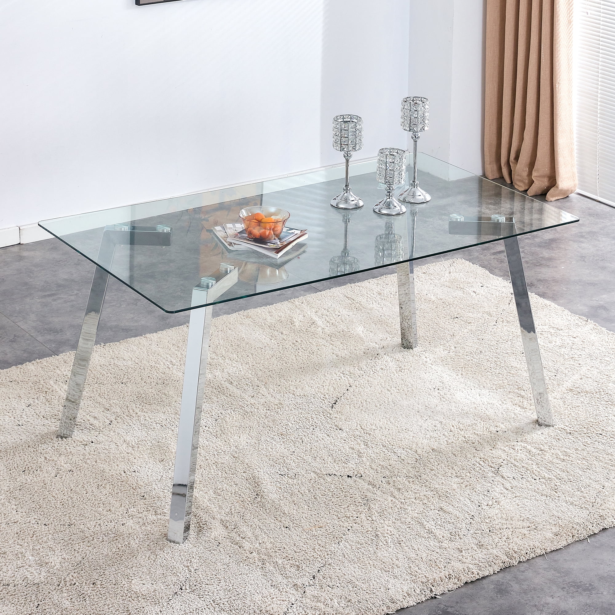 CoSoTower A Modern Minimalist Rectangular Glass Dining Table with Tempered Glass Tabletop and ...