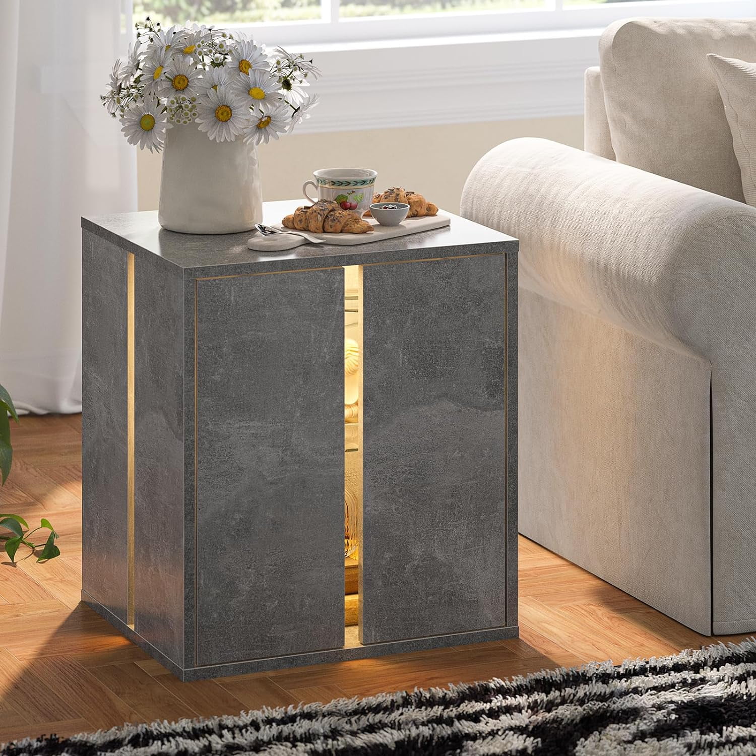 CoSoTower Bedside Tables with LED Farmhouse Gray Nightstand Tables with ...