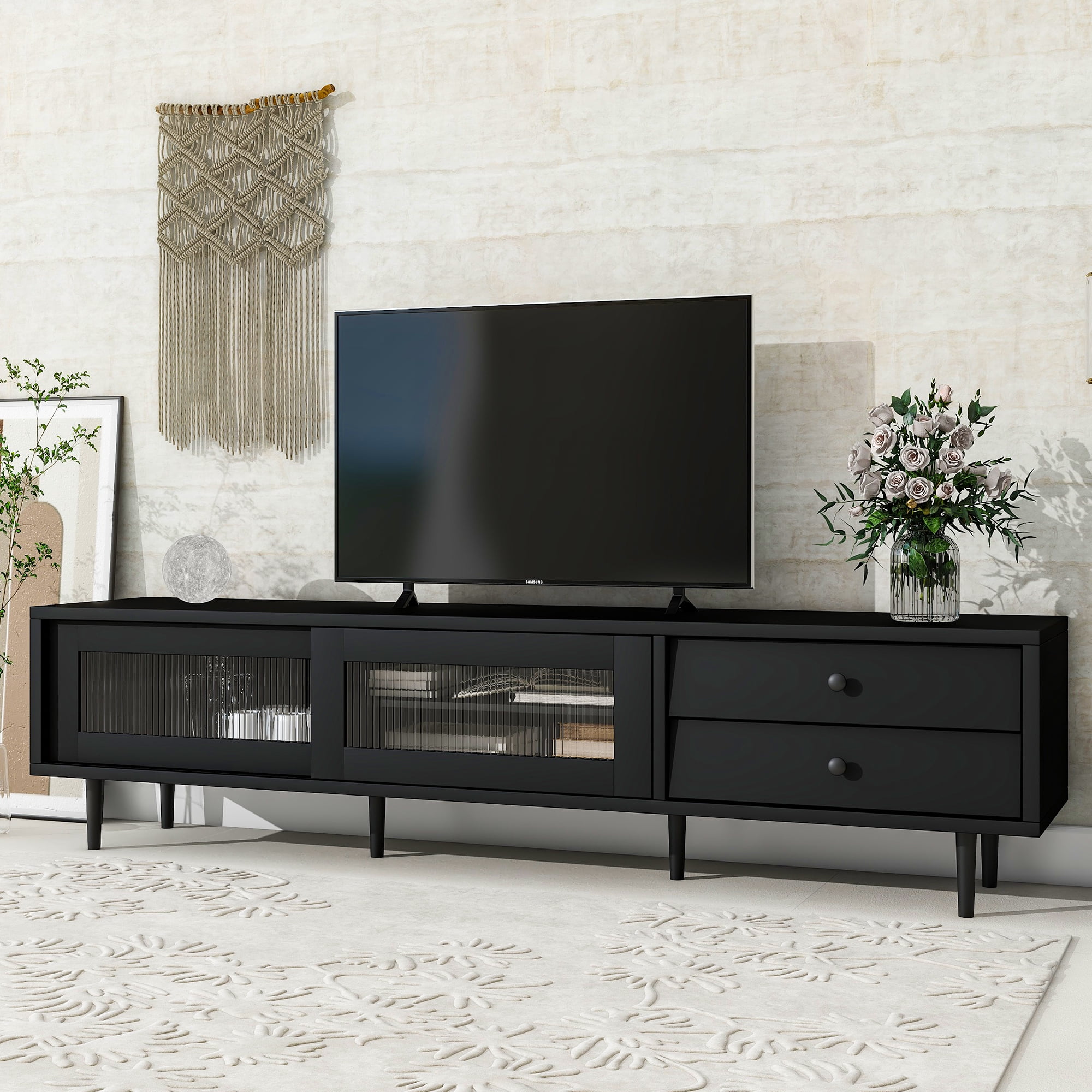 CoSoTower Chic Elegant Design TV Stand with Sliding Fluted Glass Doors ...