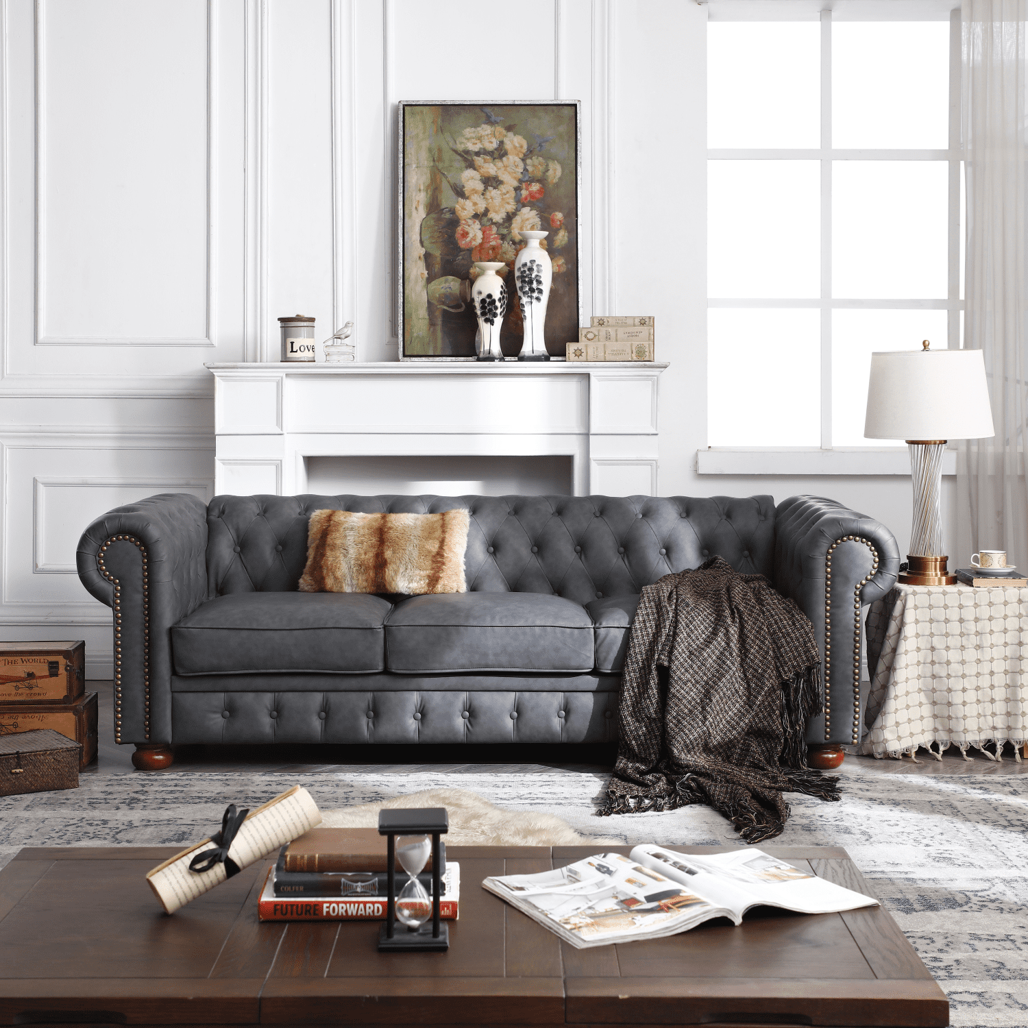 CoSoTower Classic Chesterfield Sofa Dark Grey Faux Leather - Walmart.com