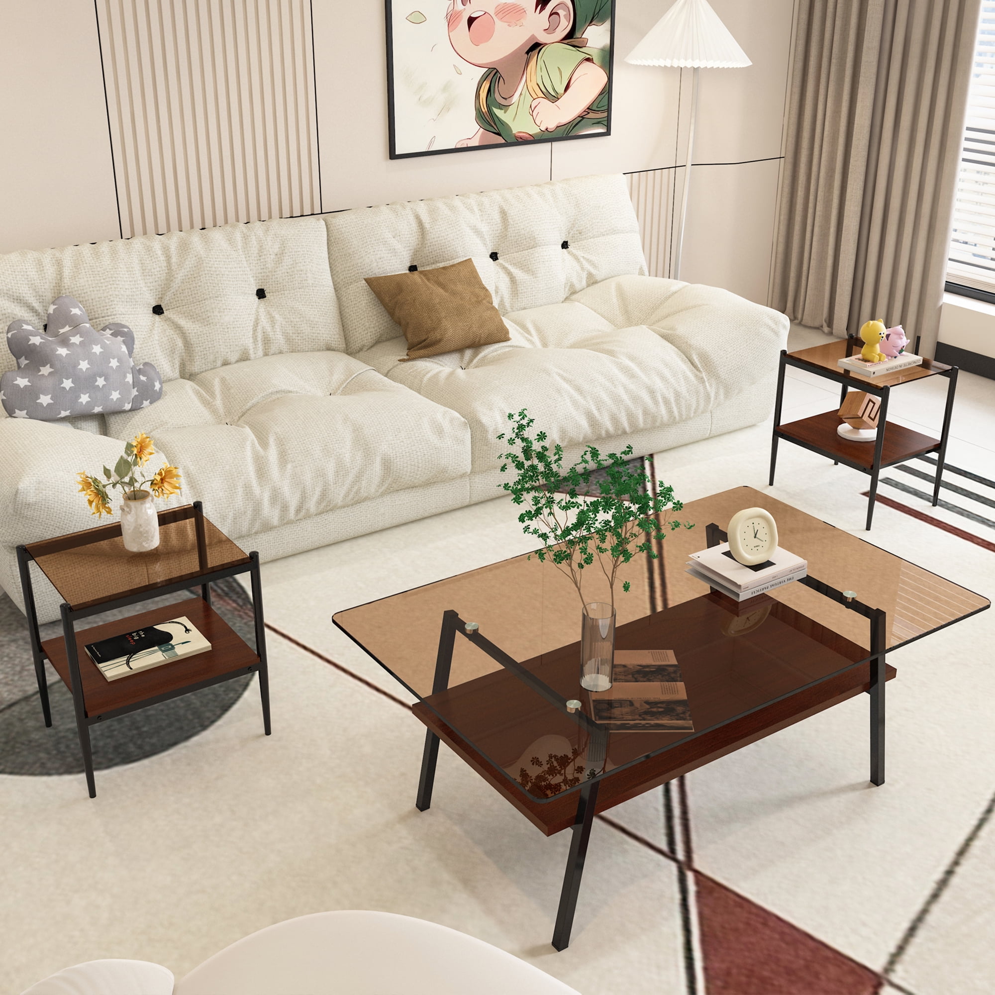 CoSoTower Coffee Table and End Tables Set of 3, Tempered Glass Table ...