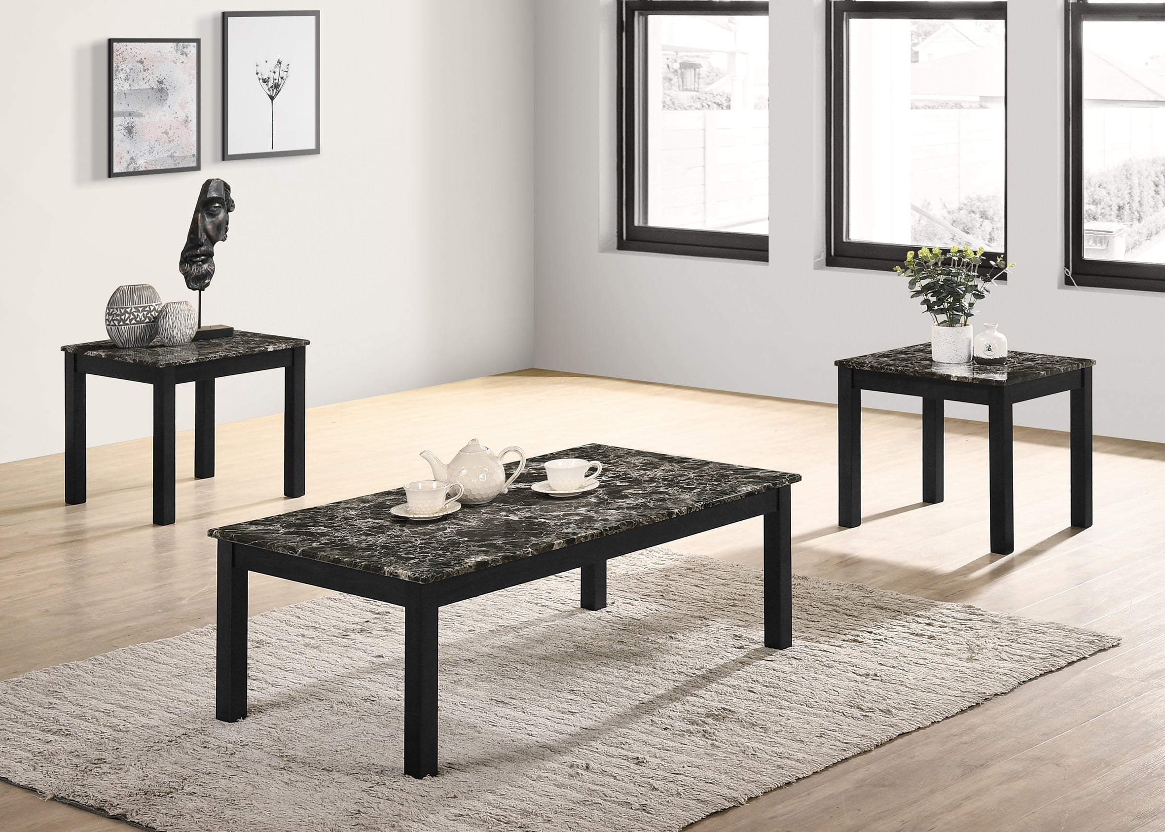 CoSoTower Contemporary Black Faux Marble Top 1X Coffee Table and 2X End ...