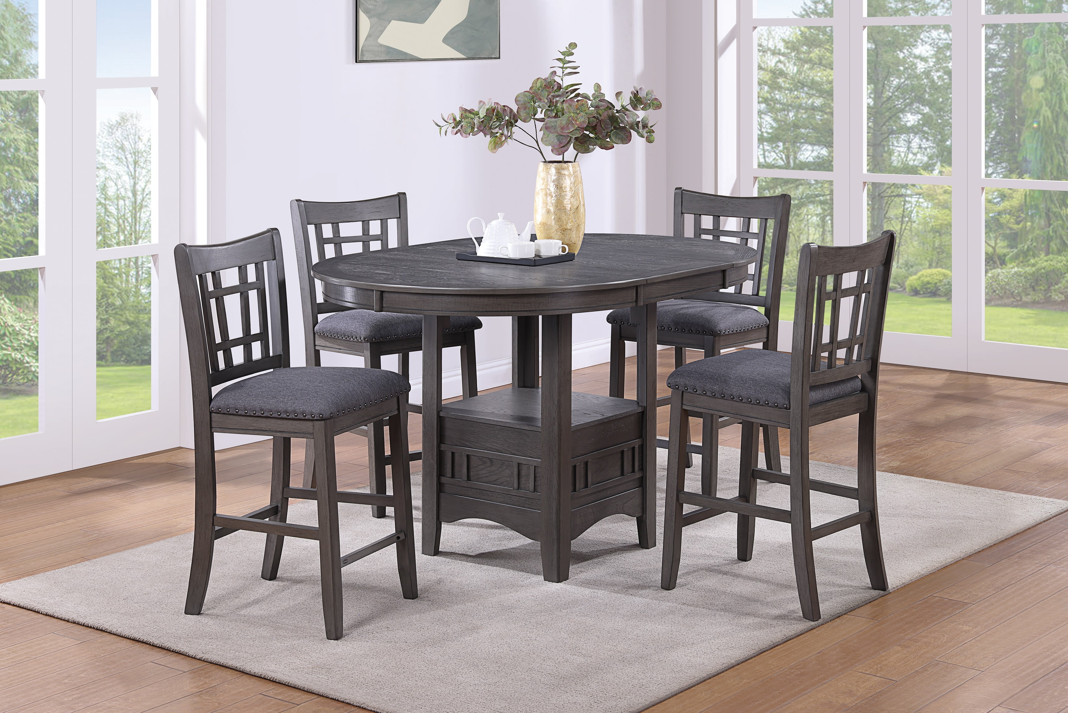 CoSoTower Contemporary Dining Room Counter Height 5Pc Dining Set Round Table W Leaf and 4X Side ...