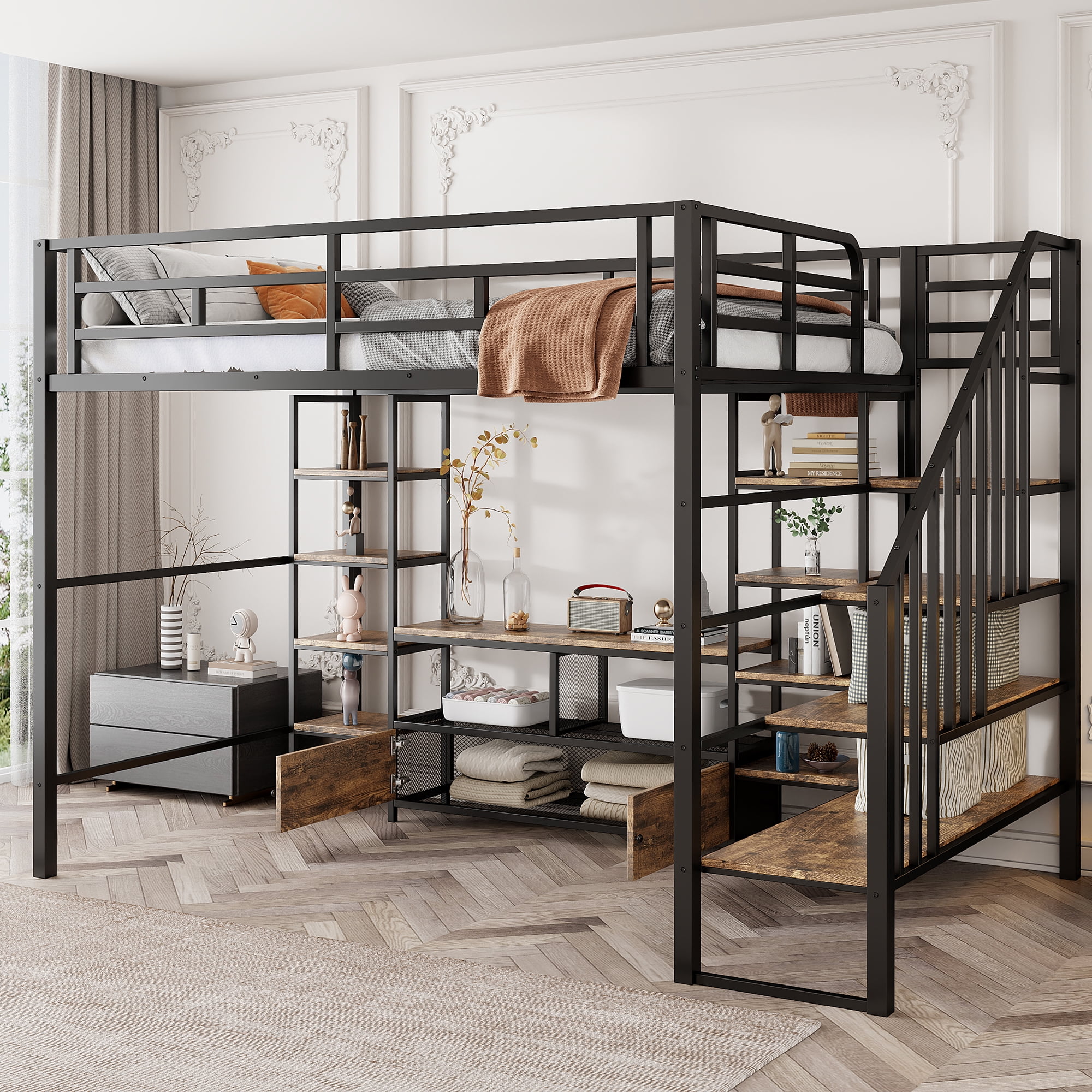 CoSoTower Full Size Metal Loft Bed with Staircase,Low Storage Table and ...