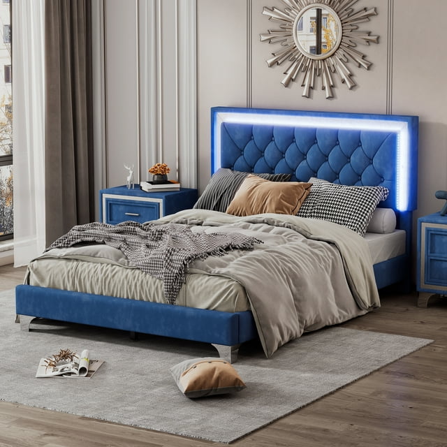 CoSoTower Full Size Upholstered Bed Frame with LED Lights,Modern Velvet ...