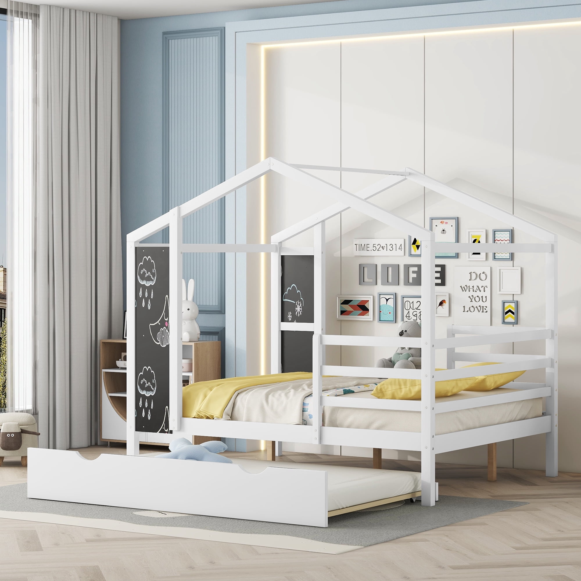 CoSoTower Full Size Wood House Bed with Fence and Writing Board, White ...