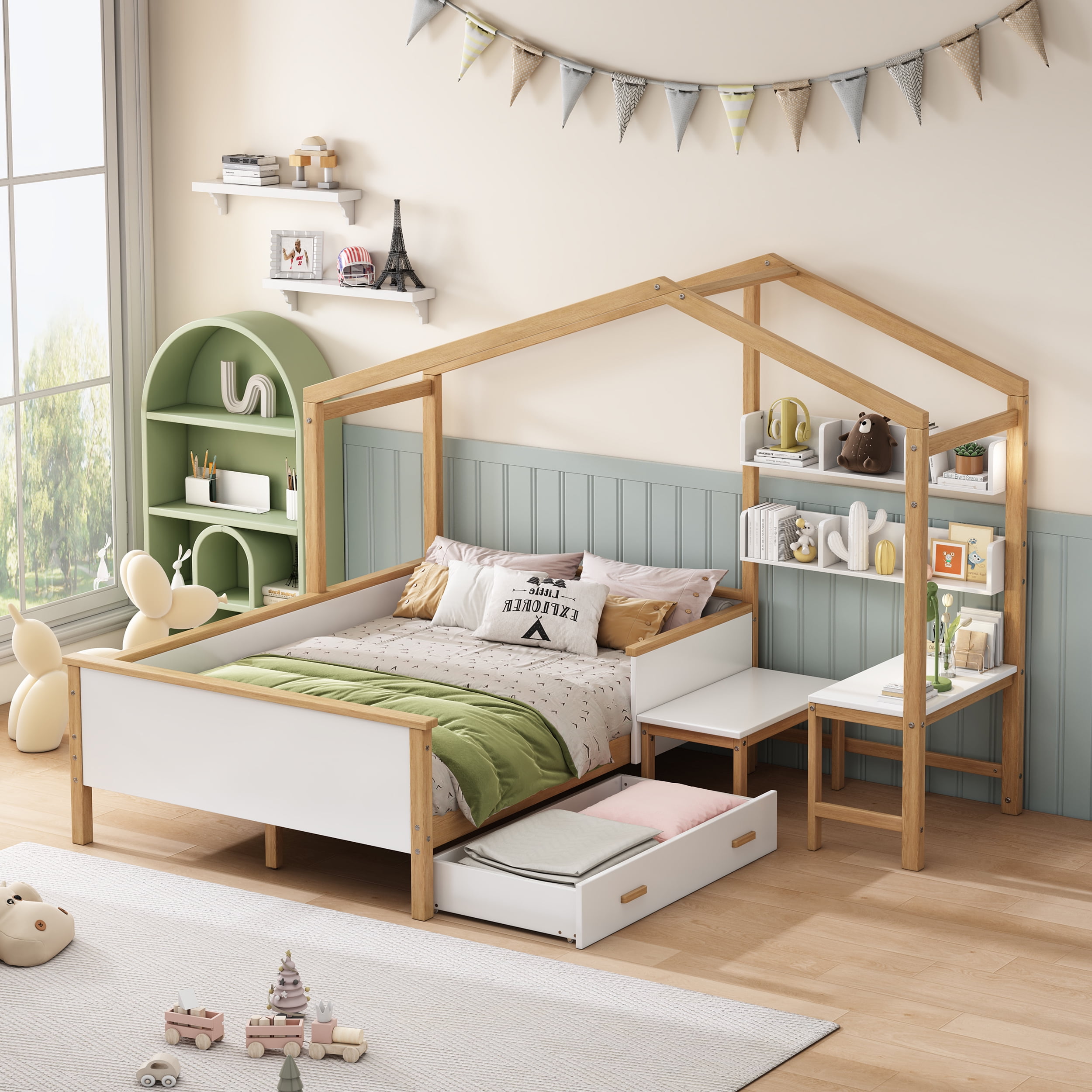 CoSoTower Full Size Wooden House Bed White and Original Wood Colored ...