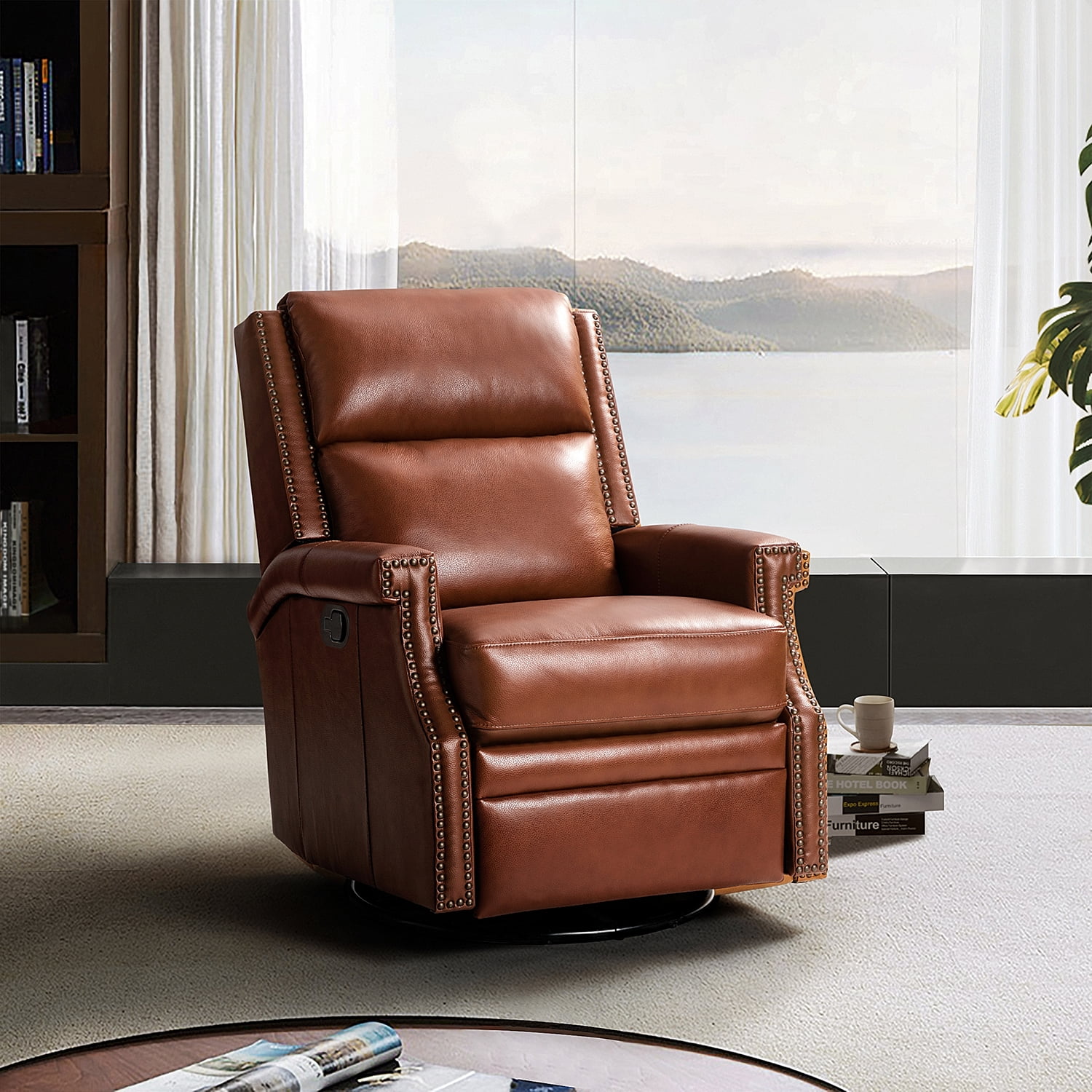 CoSoTower Genuine Leather Swivel Rocker Recliner-Brown - Walmart.com