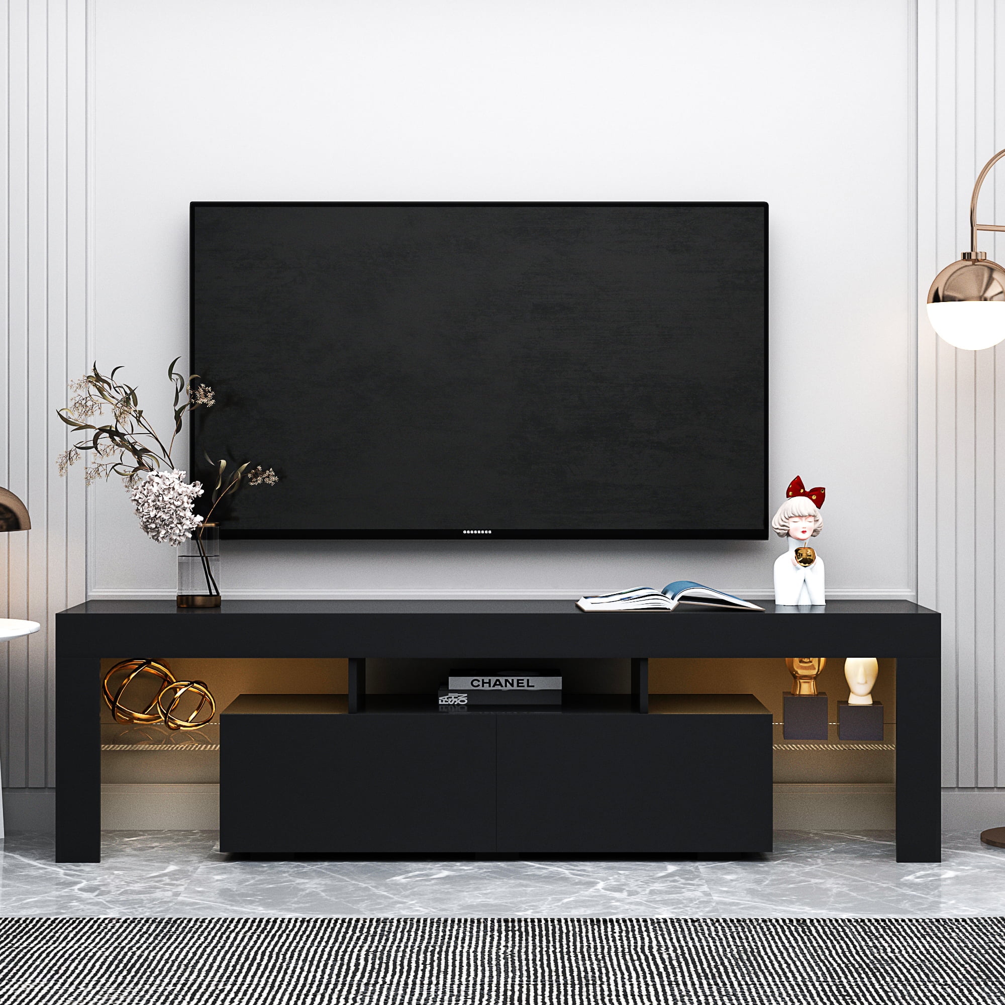 CoSoTower Modern Black TV Stand, 20 Colors LED TV Stand W/Remote ...