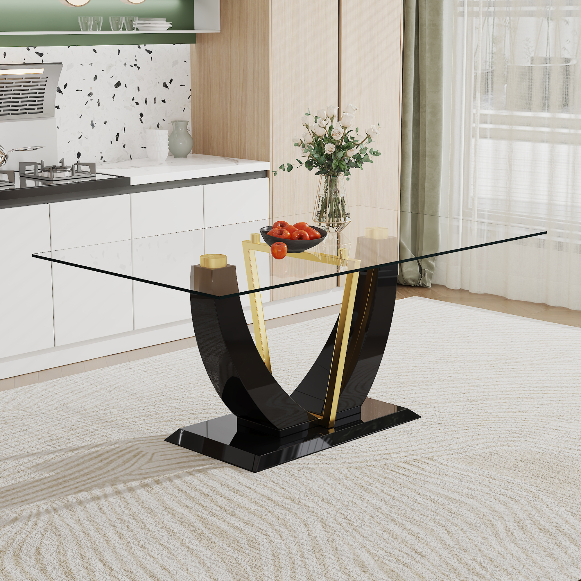 CoSoTower Modern Simple Rectangular Glass Table with Black MDF Legs and ...