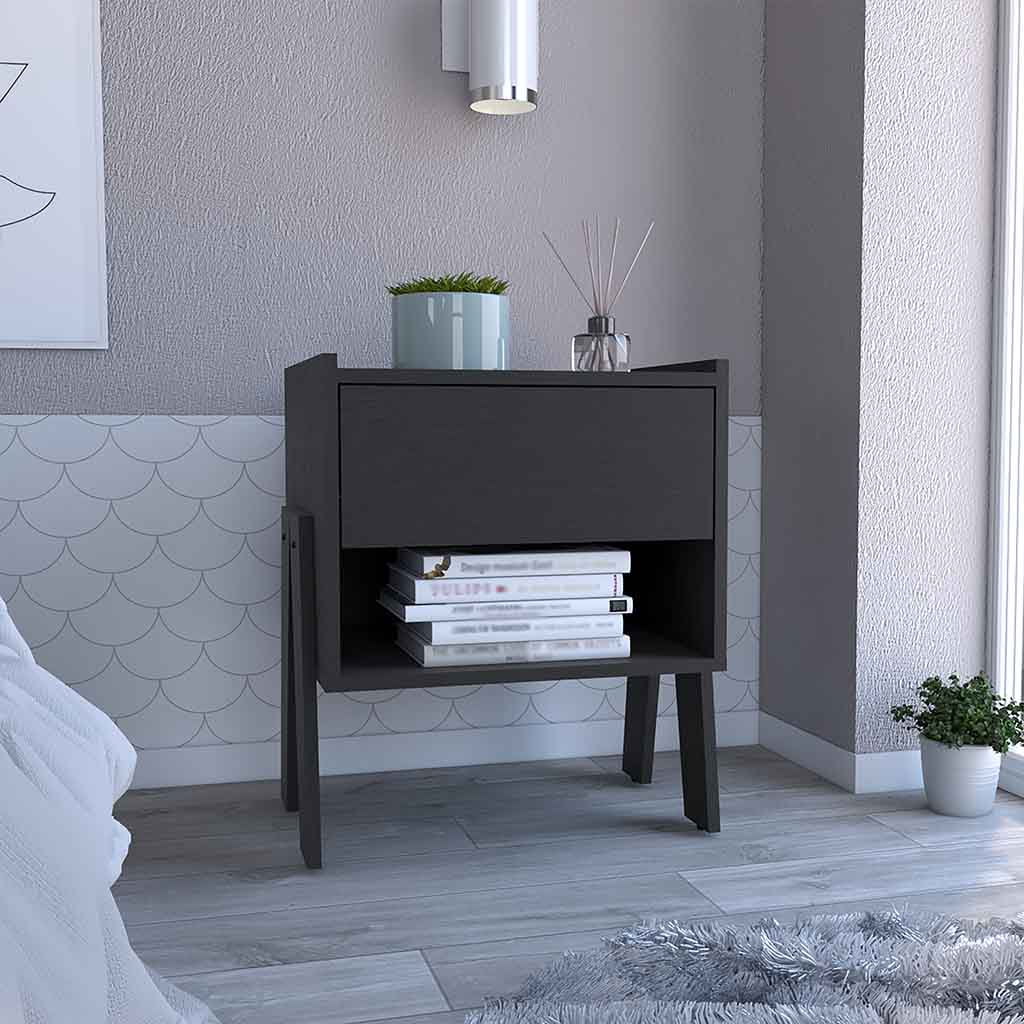 CoSoTower Nightstand Ferku, Open Shelf, One Drawer, Black Wengue Finish ...