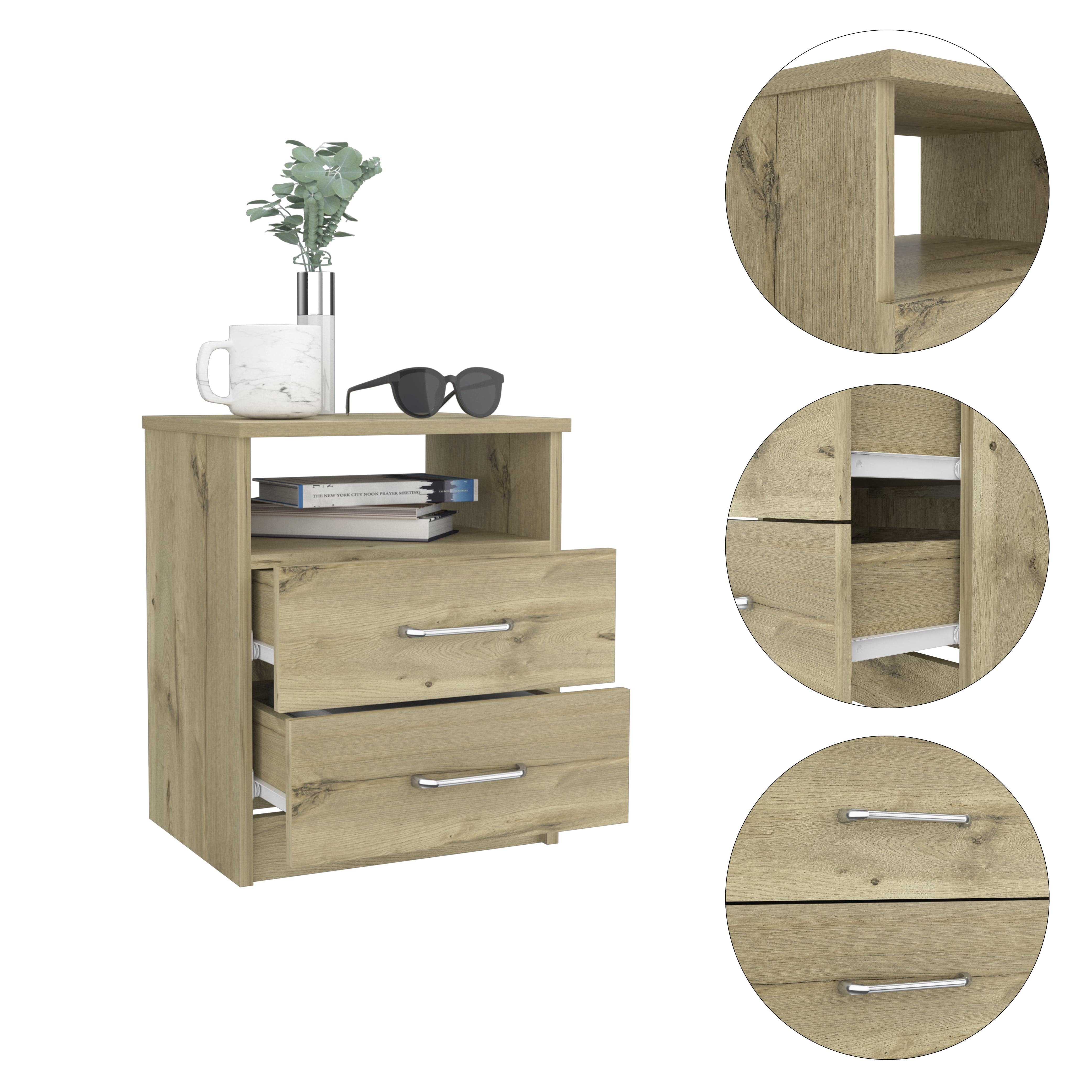 CoSoTower Nightstand Olienza, Two Drawers, One Shelf, Light Oak Finish ...