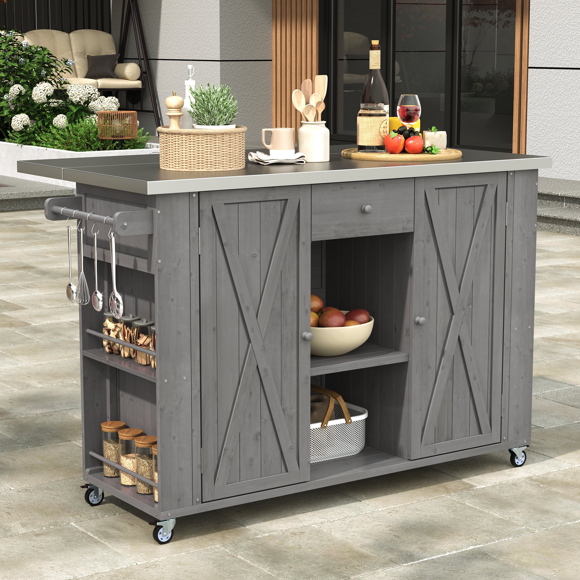 CoSoTower Outdoor Kitchen Island Fir Wood Kitchen Island with Stainless ...