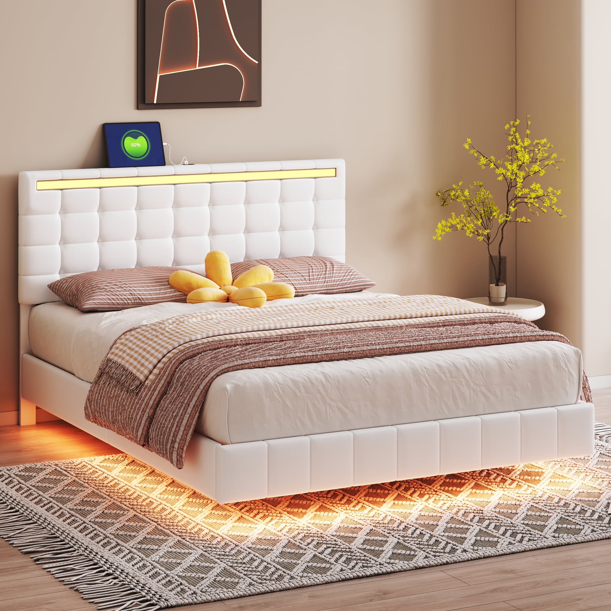 CoSoTower Queen Size Floating Bed Frame with LED Lights and USB ...