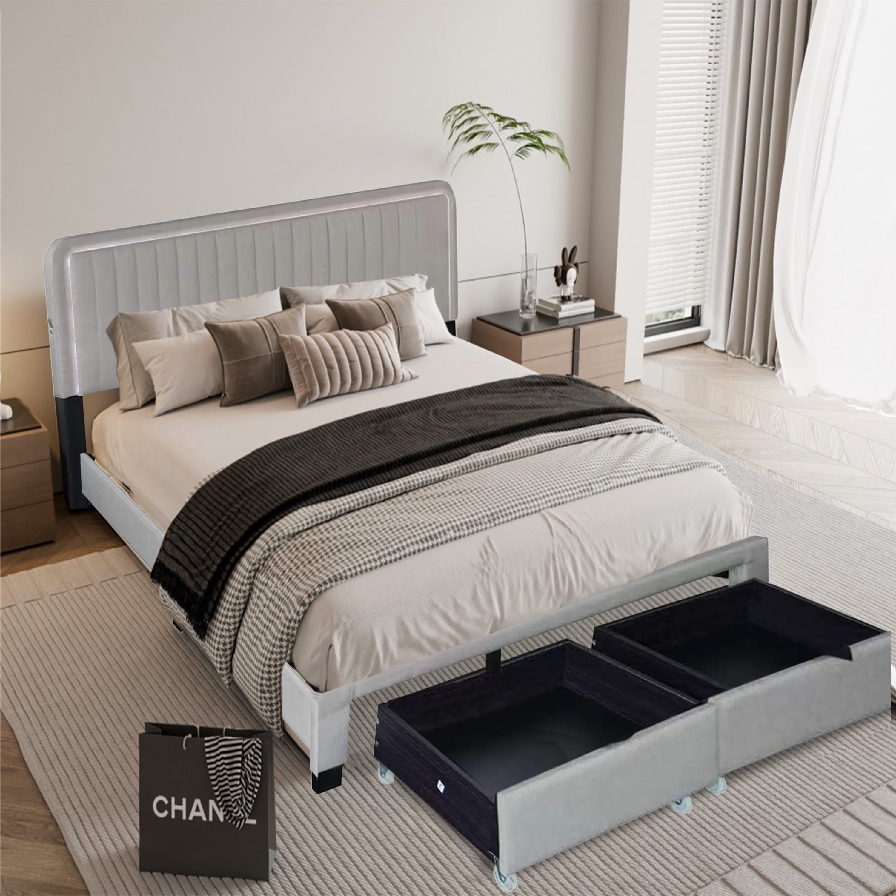 CoSoTower Queen Size Upholstered Bed with Adjustable Height / Mattress ...