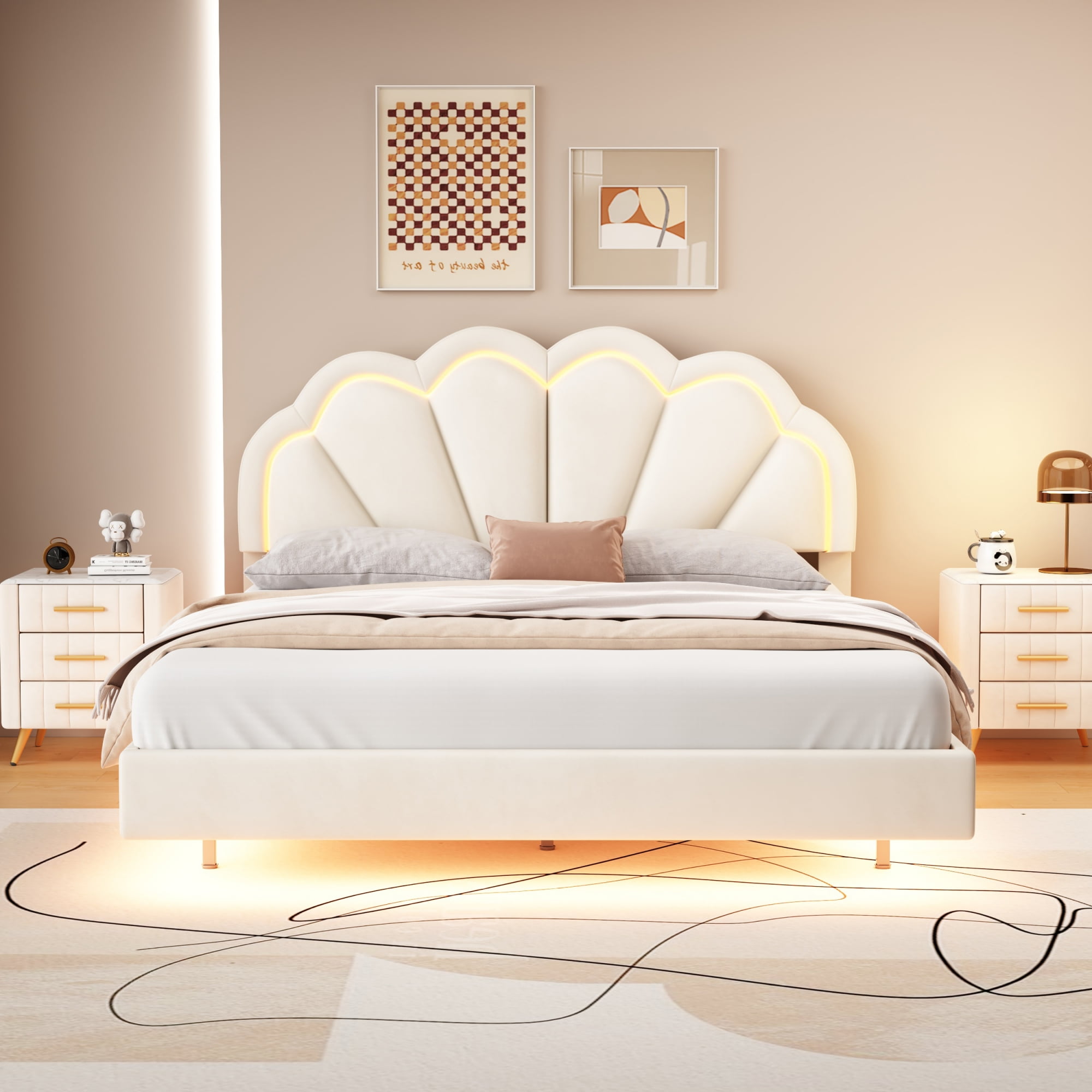 CoSoTower Queen Upholstered Smart LED Bed Frame with Elegant Flowers ...