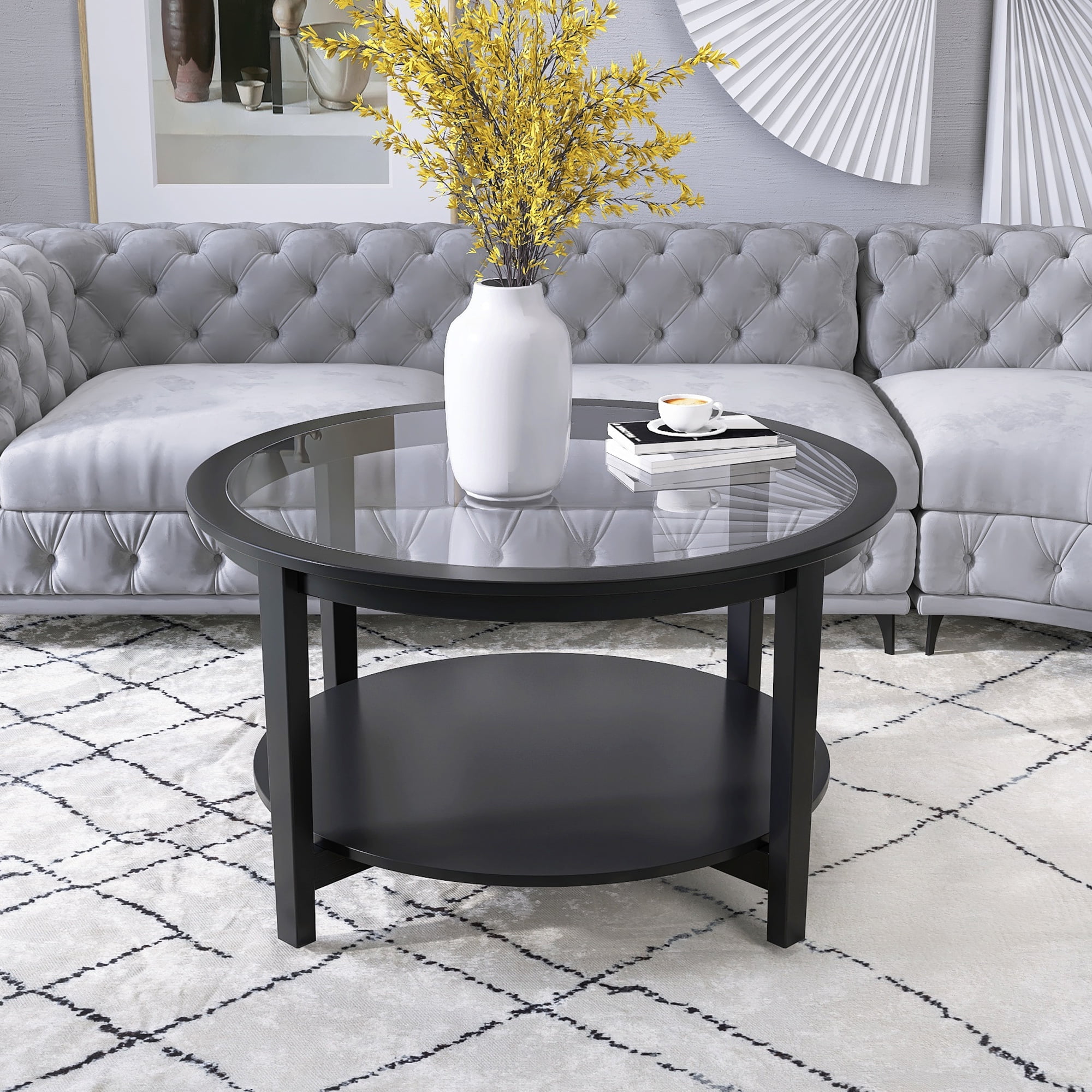 CoSoTower Round Glass Top Solid Wood Storage Coffee Table, Black ...