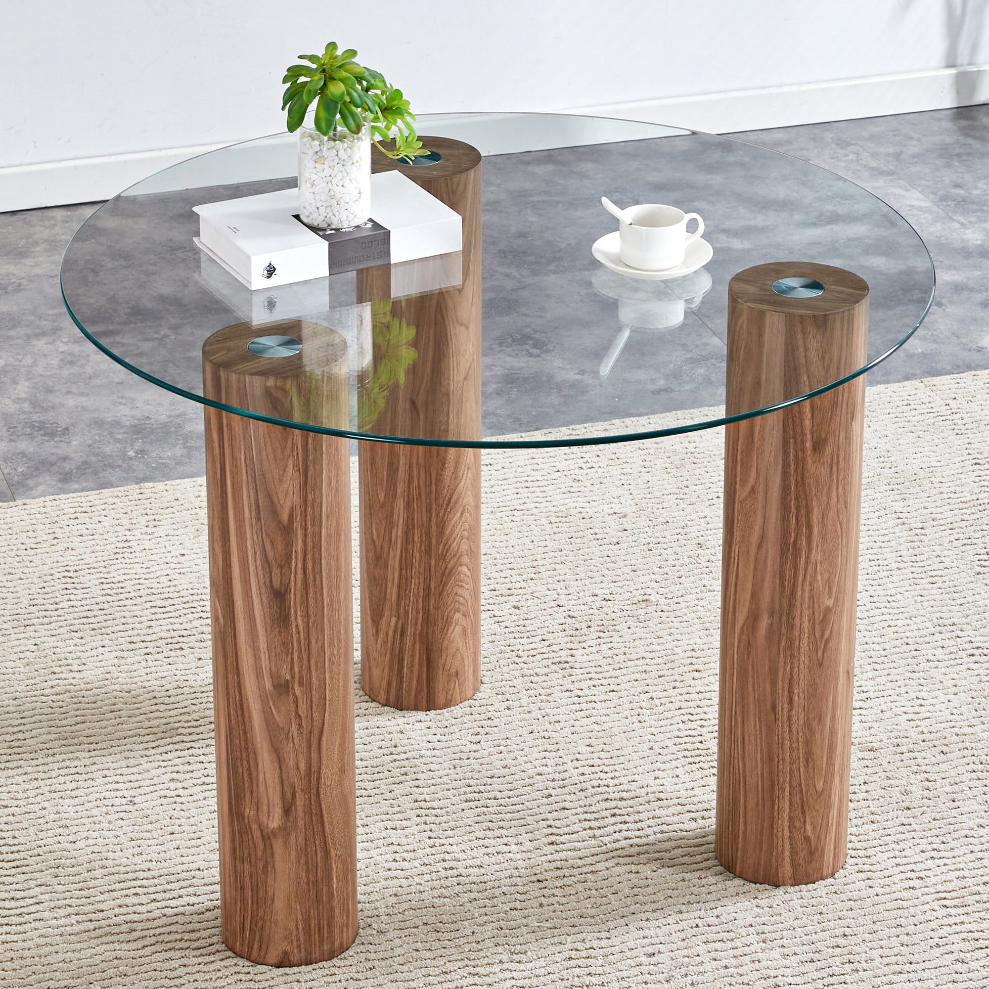 CoSoTower Round Transparent Tempered Glass Dining Table, Wooden MDF ...