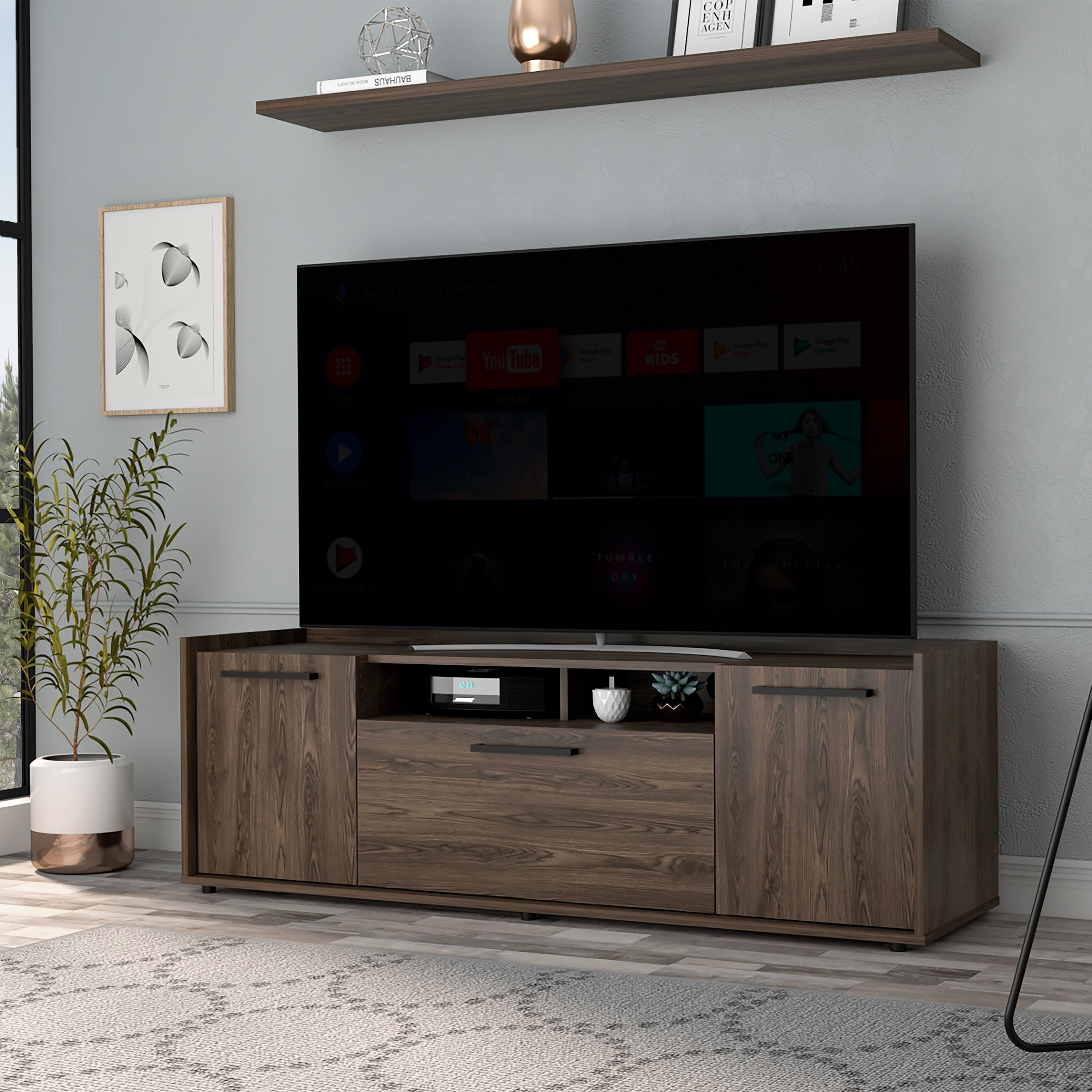 CoSoTower TV Stand for TV's Up 55", One Cabinet, Double Door -Dark ...