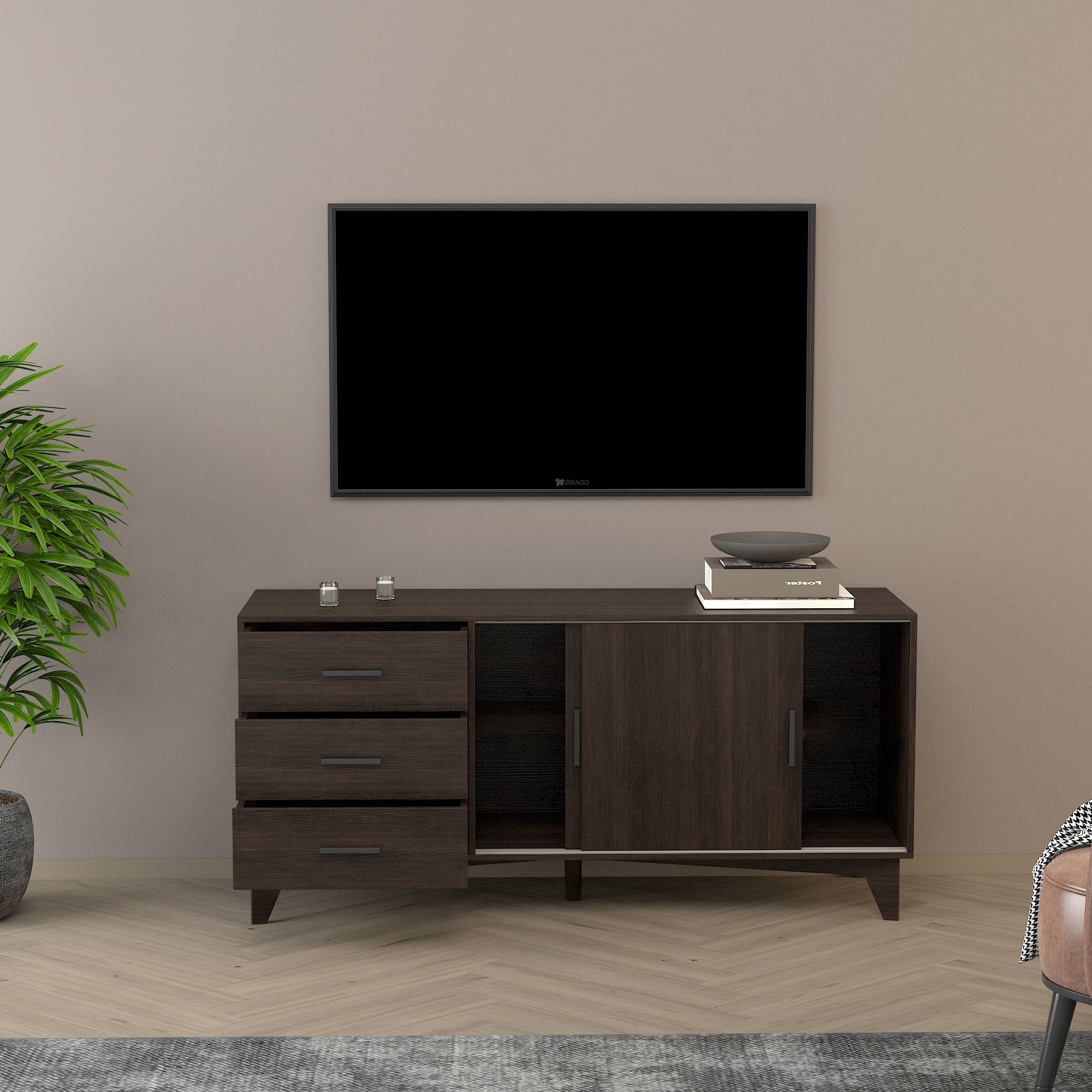 CoSoTower TV Stand with Sliding Doors and Drawers in Dark Brown ...