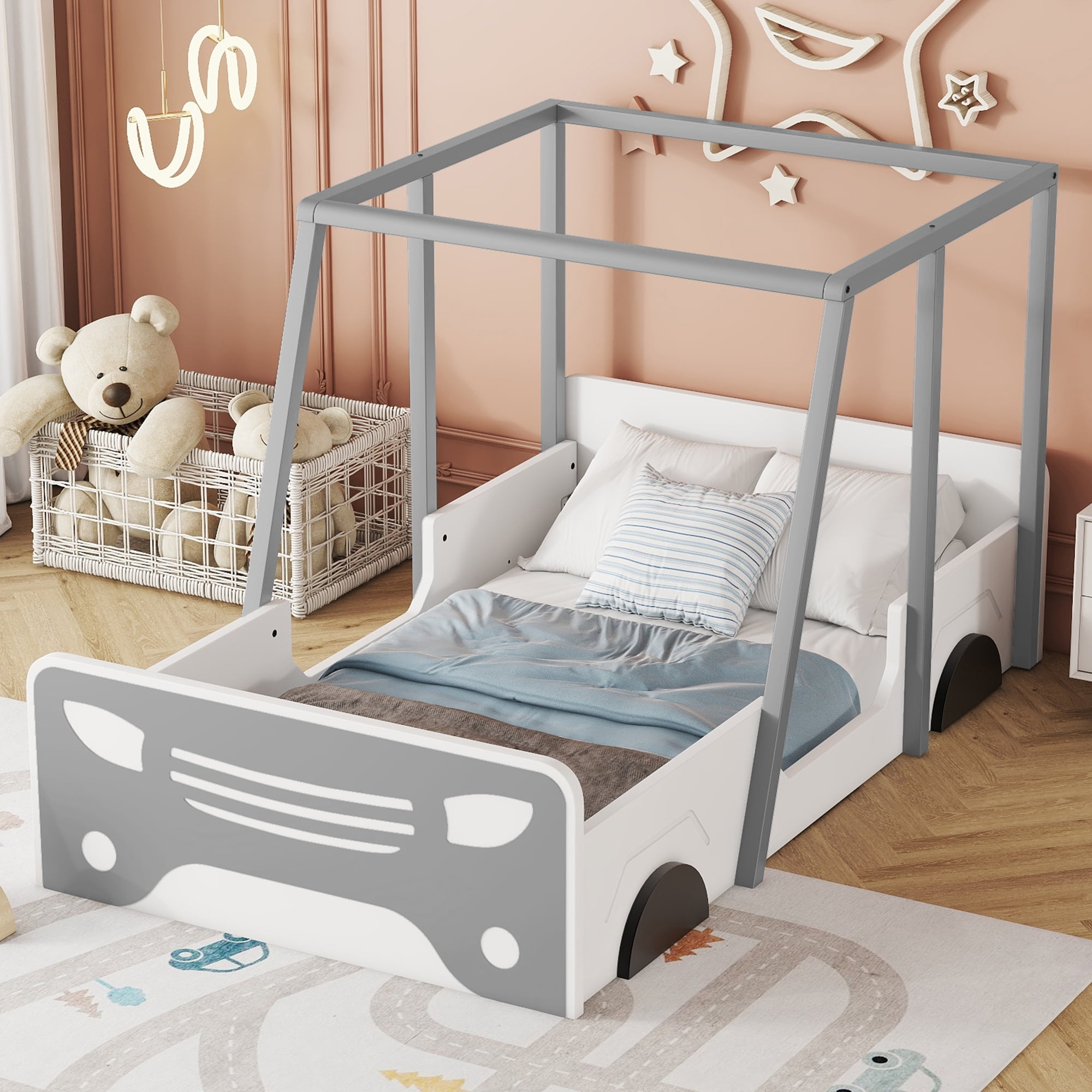 CoSoTower Twin Size Car-Shaped Bed with Roof,Wooden Twin Floor Bed with ...