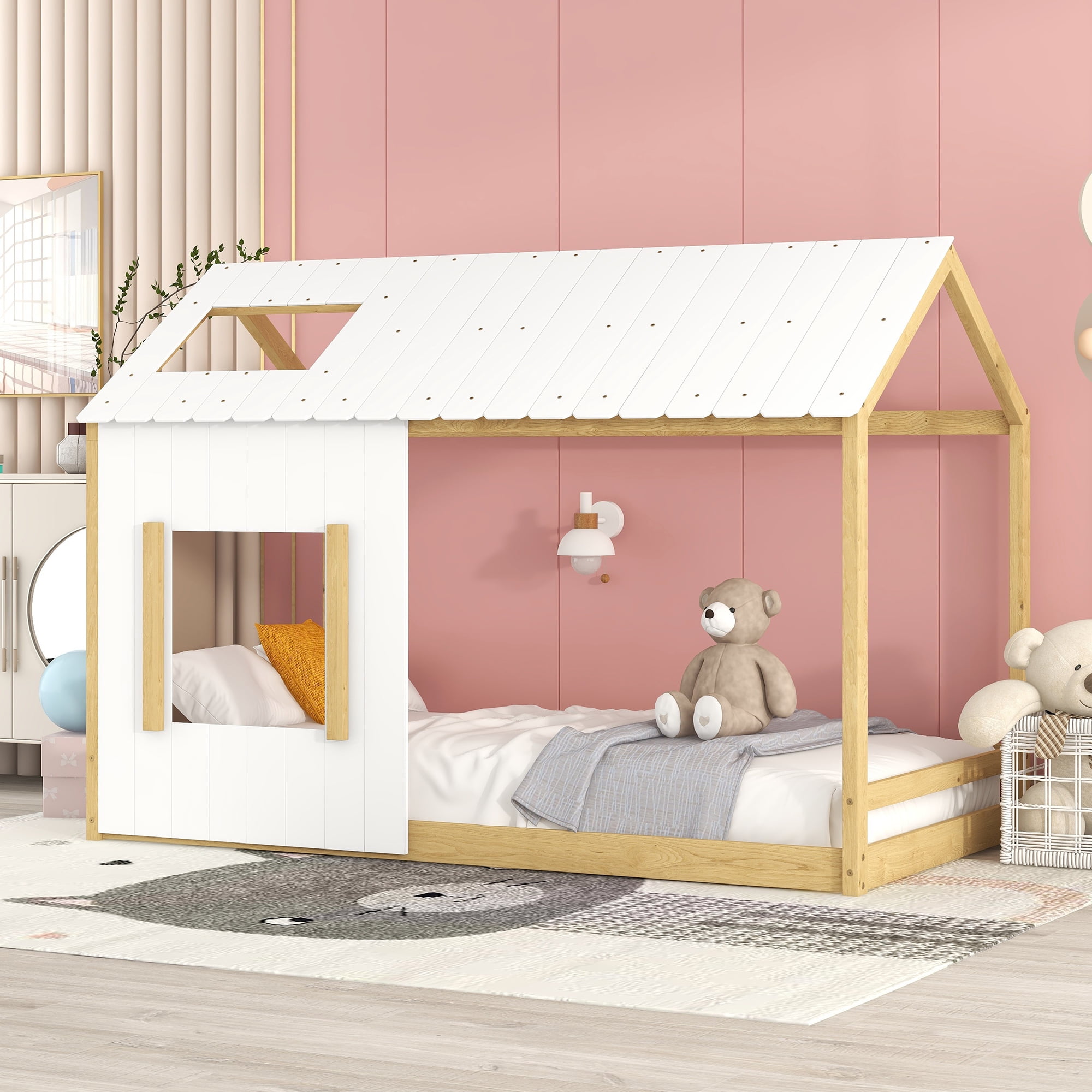 CoSoTower Twin Size House Bed with Roof and Window - White+Natural ...