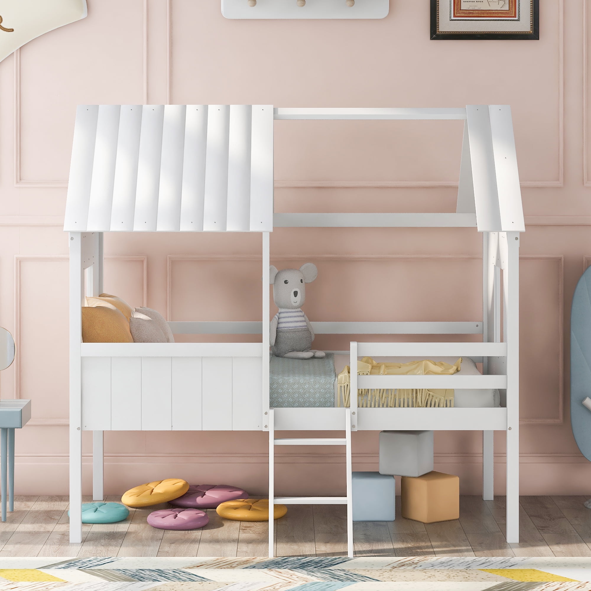 CoSoTower Twin Size Low Loft Wood House Bed with Two Side Windows ...