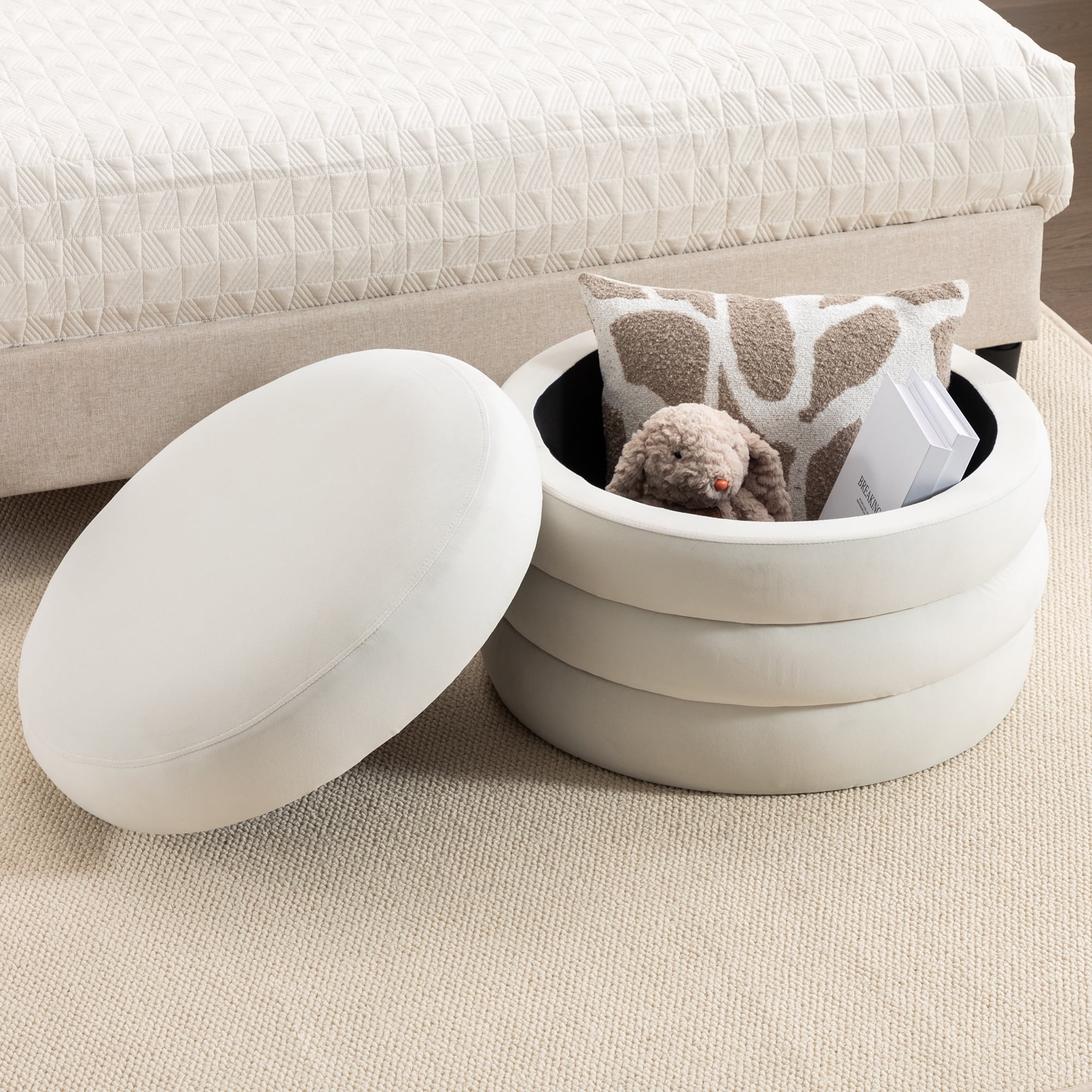 CoSoTower Velvet Fabric Storage Round Ottoman Footstool with Wooden ...