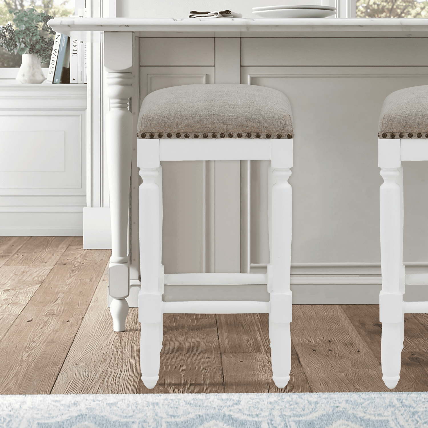 CoSoTower White Turned Leg Counter Stool with Taupe Upholstered Seat ...