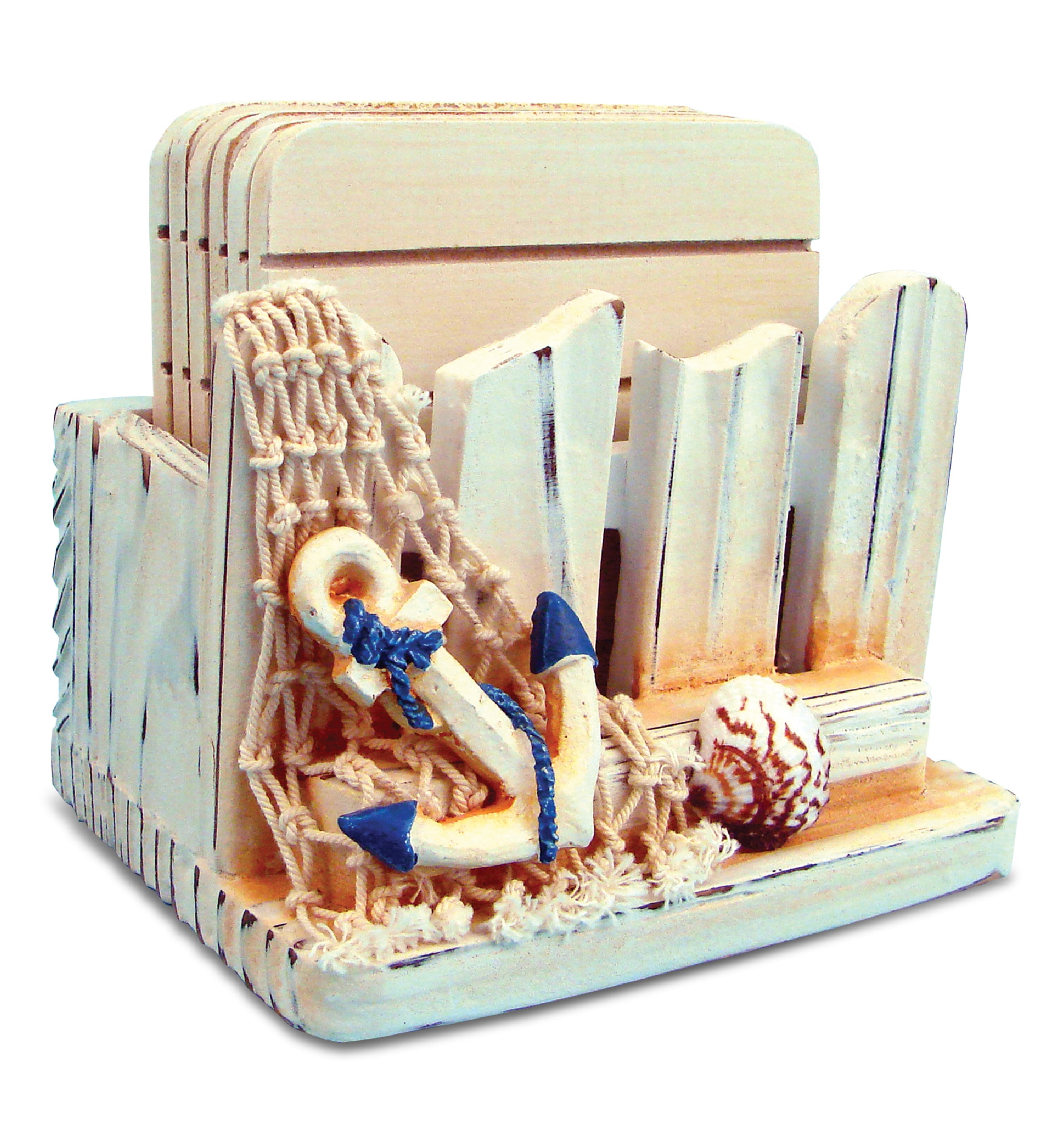 CoTa Global Nautical Wooden Coaster and Holder Set - Rustic Circle ...