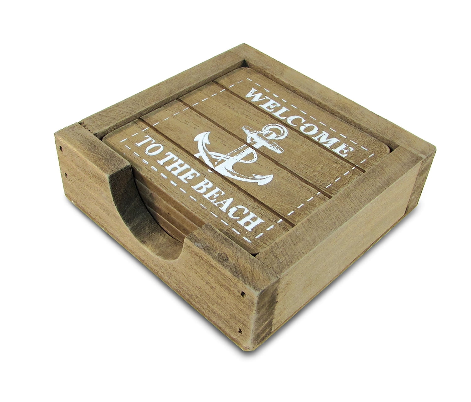 CoTa Global Nautical Wooden Coaster and Holder Set - Rustic Square ...
