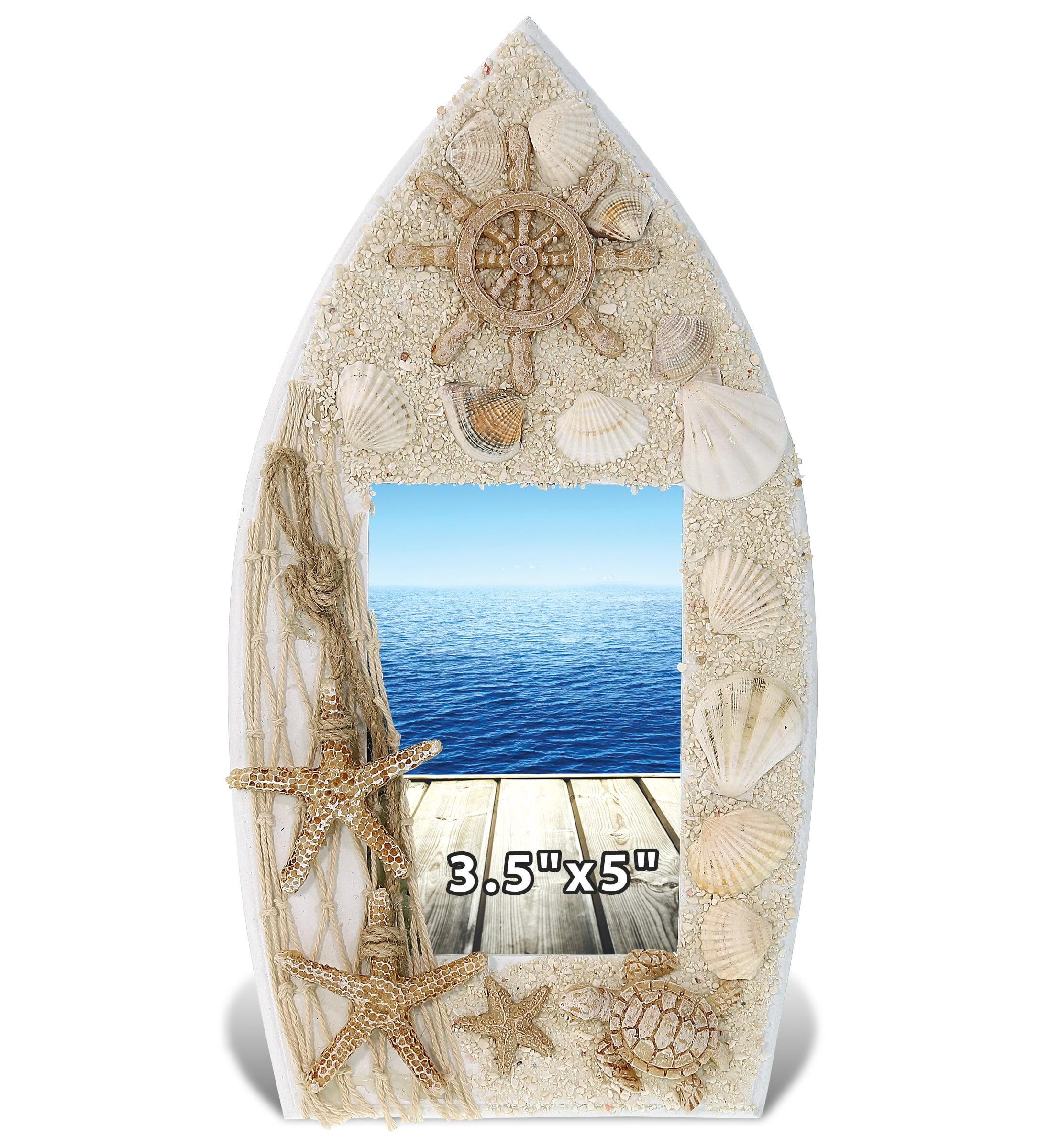 CoTa Global Oceanic Sea Turtle Boat 3.5X5 Frame - White Wood Seashell ...