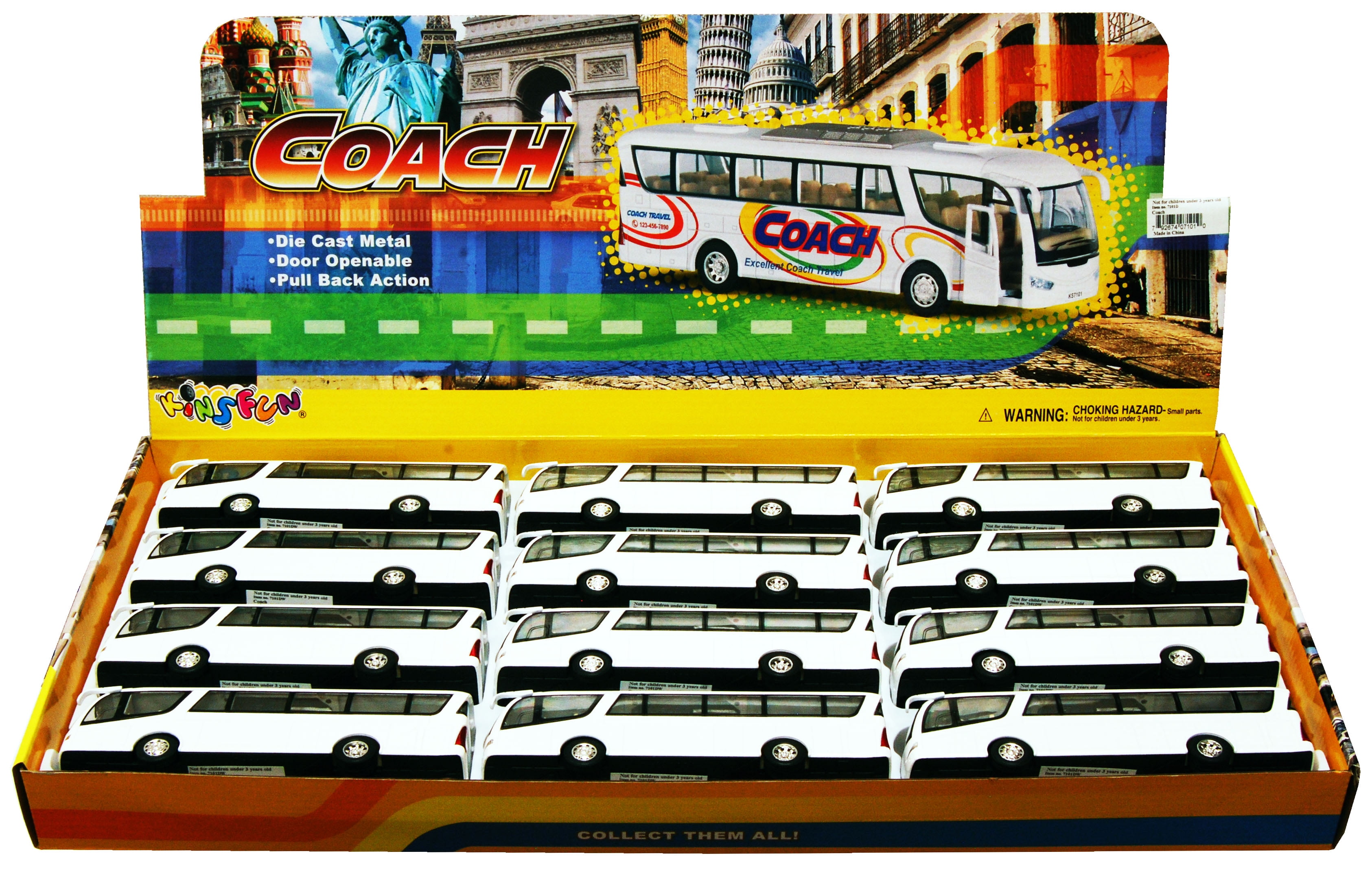Coach Bus, White - Kinsmart 7101DW - 7" Scale Set of 12 Diecast Model ...