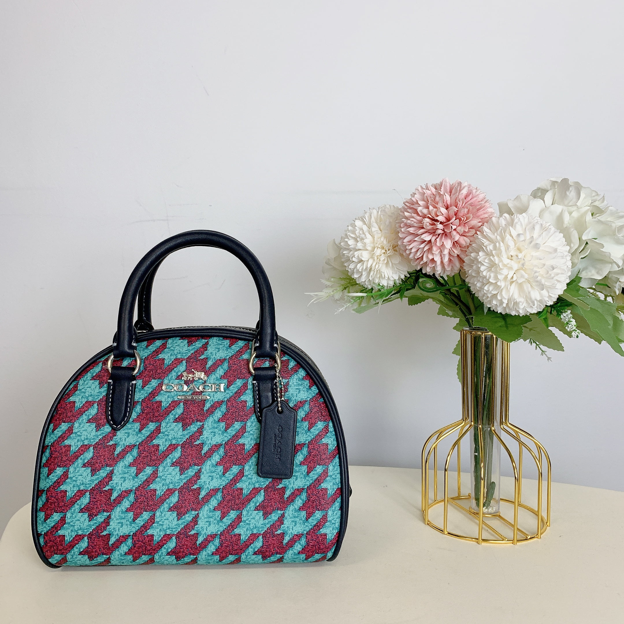 Coach CJ628 Sydney Satchel With Houndstooth Print IN Teal Wine ...