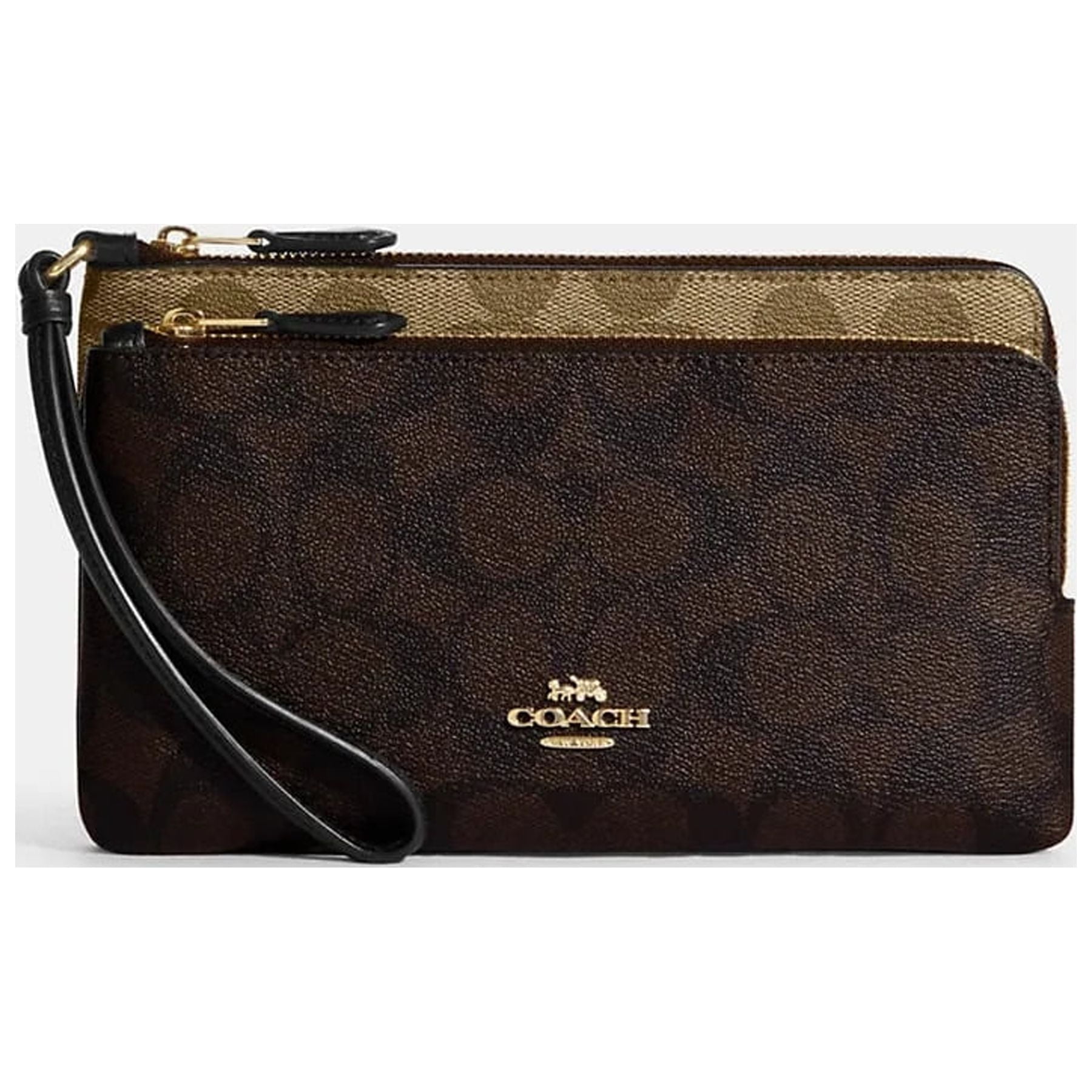 Coach Wristlet Double Zip Wallet in Signature Canvas - Gold/Khaki Brown ...