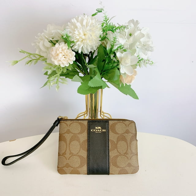 Coach Women's Versatile Small Corner Zip Wristlet with Card Slots- Signature Canvas (Khaki/Black ...