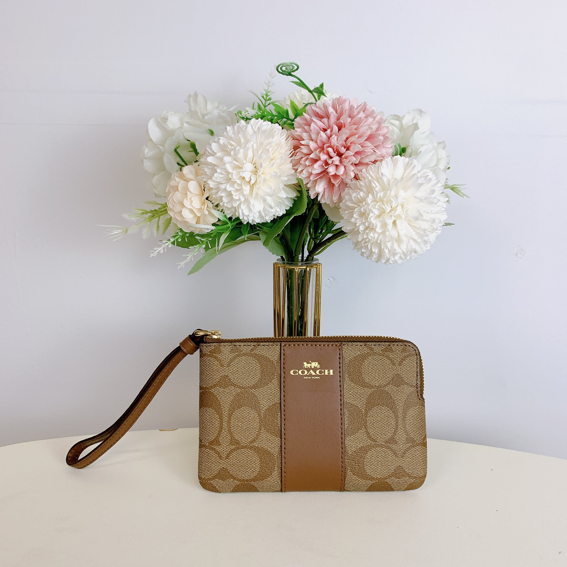 Coach Women's Small Corner Zip Wristlet in Signature Canvas (Khaki ...
