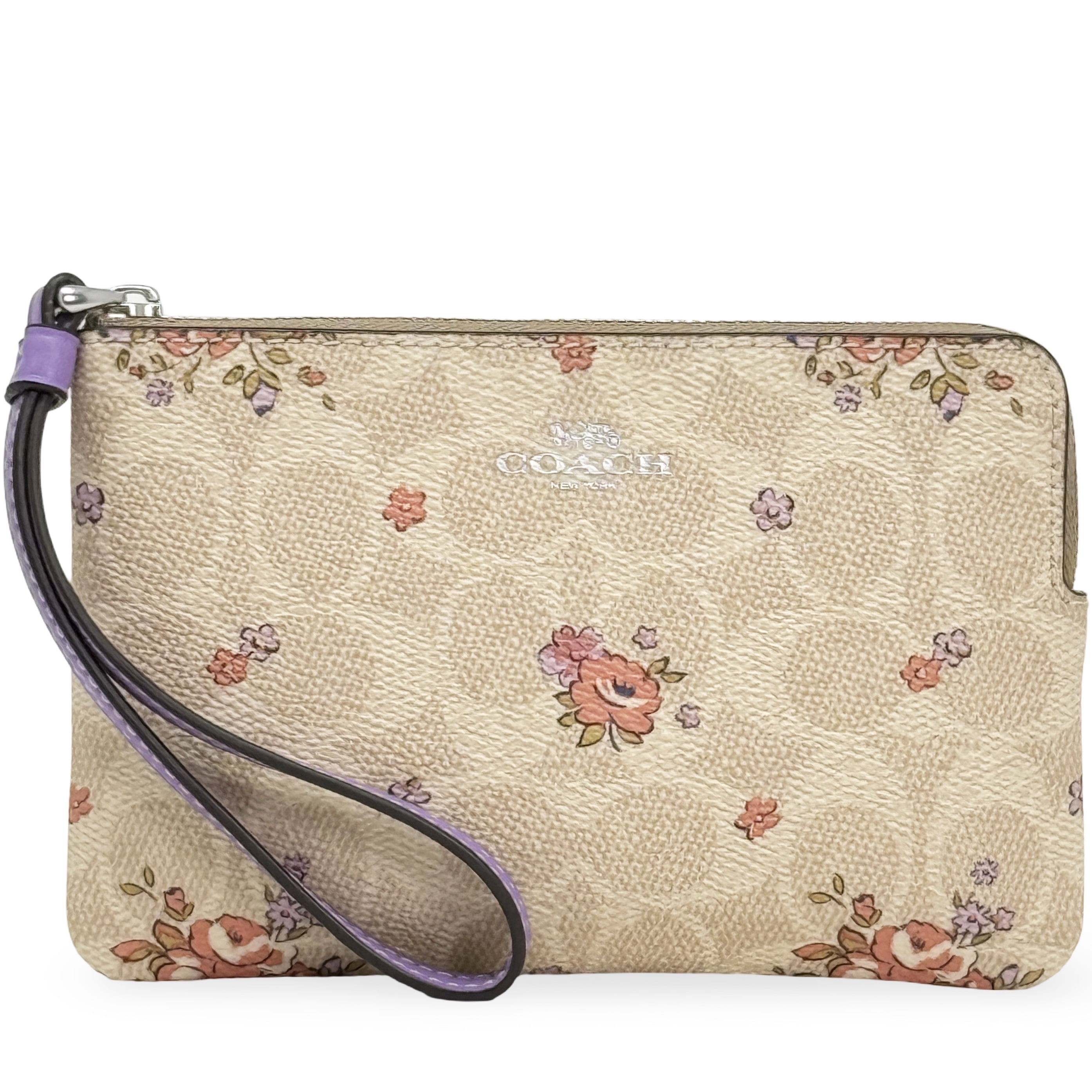 Coach Women's Small Corner Zip Wristlet in Signature Canvas with Floral Print (Sand Multi ...