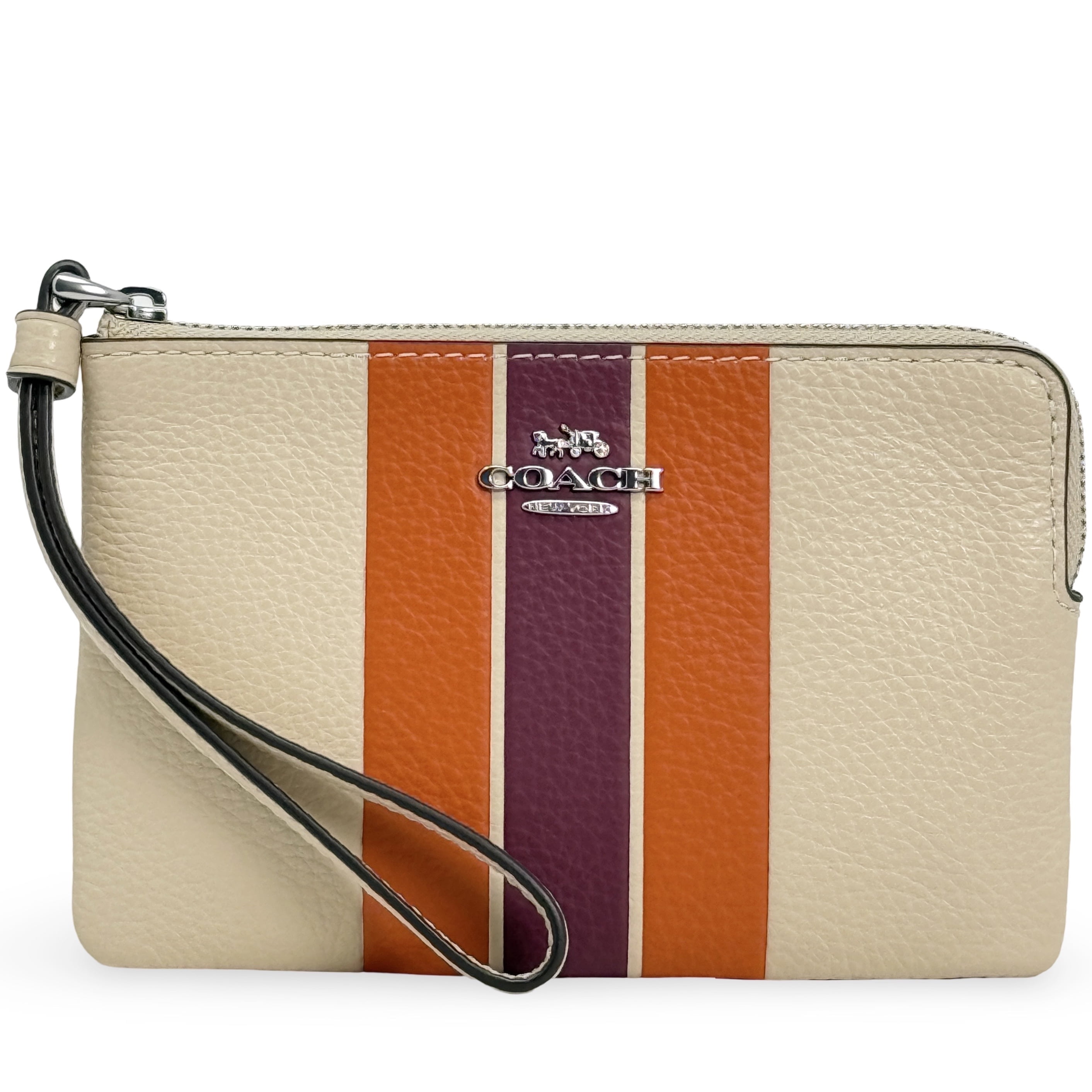 Coach Women's Small Corner Zip Wristlet with Stripe in Pebbled Leather (Ivory Multi) - Walmart.com