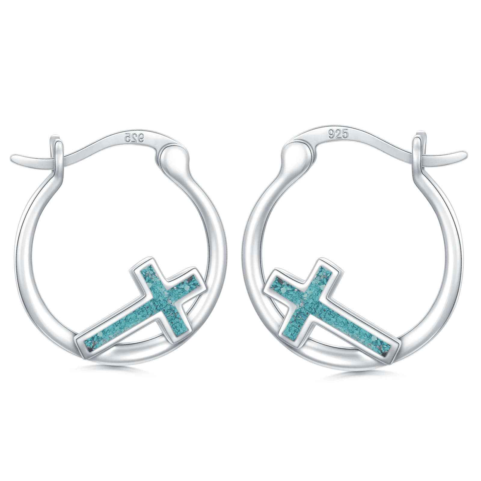 Coachuhhar Turquoise Cross Earrings 925 Sterling Silver Religious Hoop ...
